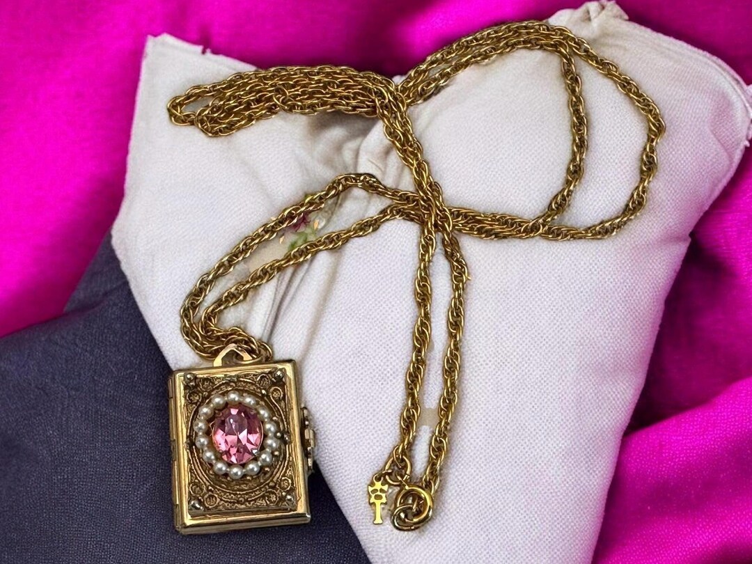 Vintage Book Locket on Gold Filled Chain - Etched Rectangular Picture ...