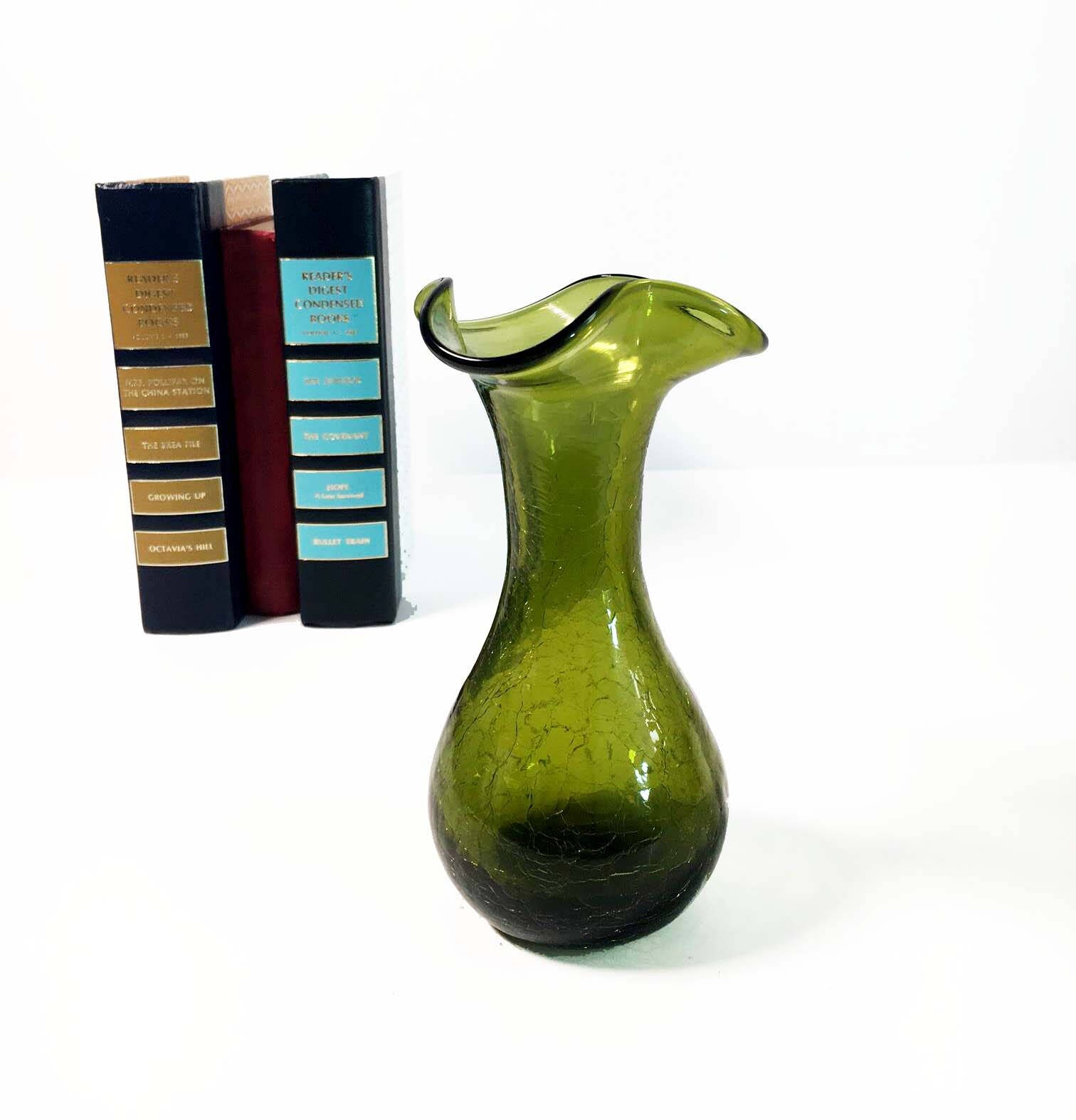 Vintage Green Crackle Glass Vase Handblown Green Glass With Wavy Top Retro Home Kitchen