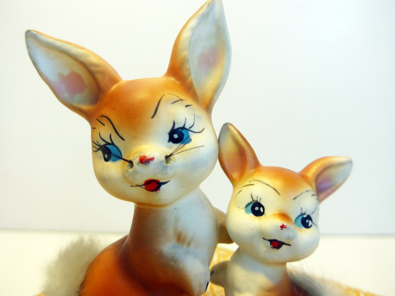 Vintage Bunny Figurines - Mama & Baby Bunnies Fur Tails - Kitsch ...