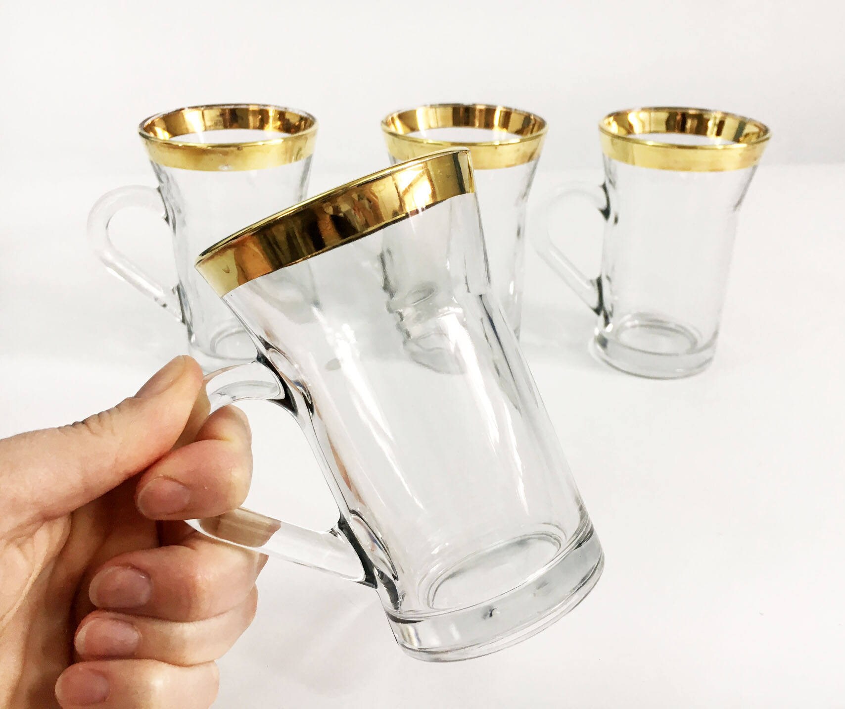 Set Of 4 Clear Glass Gold Rim Coffee Mugs Glasses Made In Italy Gold Rimmed Irish Coffee
