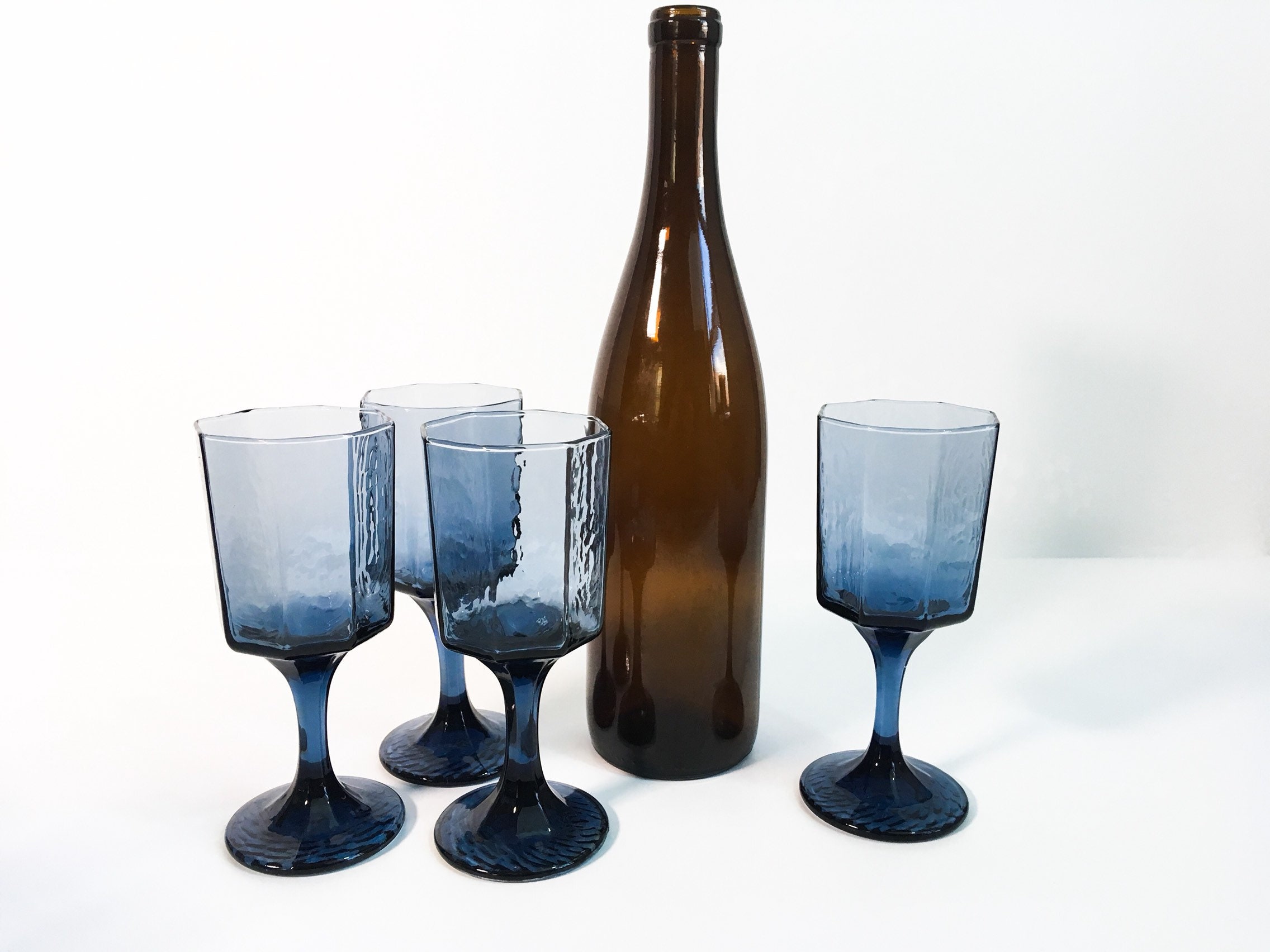 Vintage Set of 4 Libbey Blue Facets Wine Glasses - Textured Cobalt Blue ...