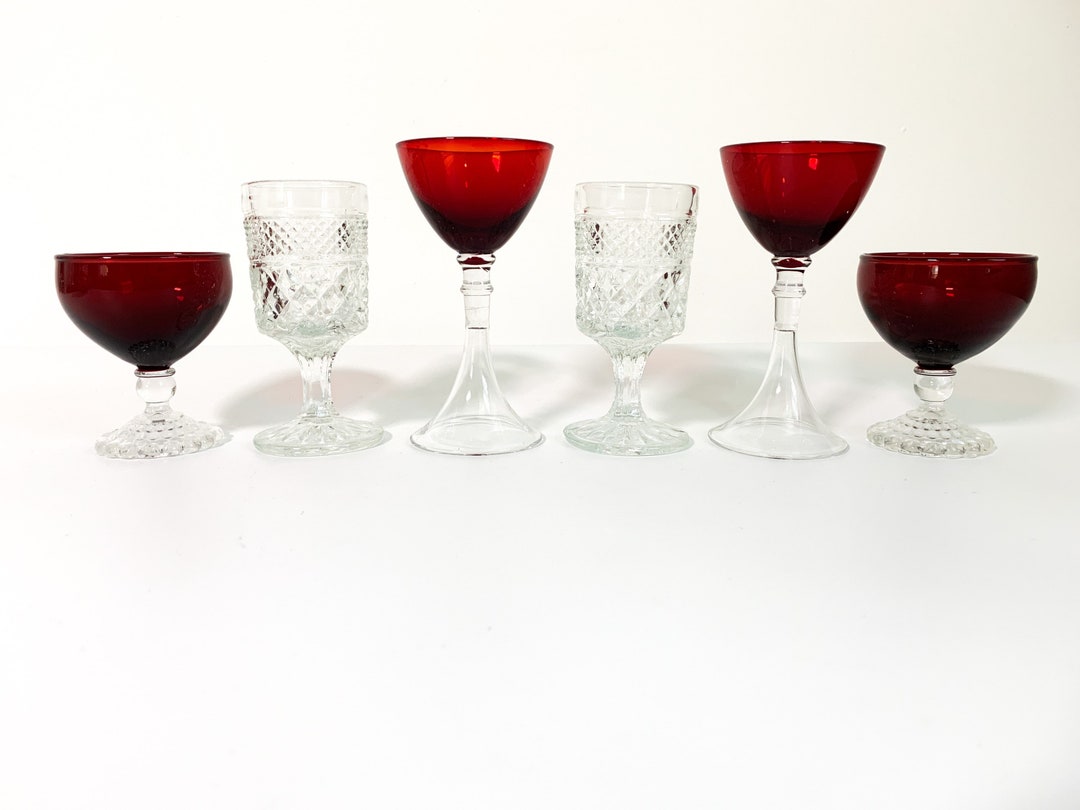 Vintage Set 6 Red & Clear Cocktail Liquor Glasses - Unique Retro ...