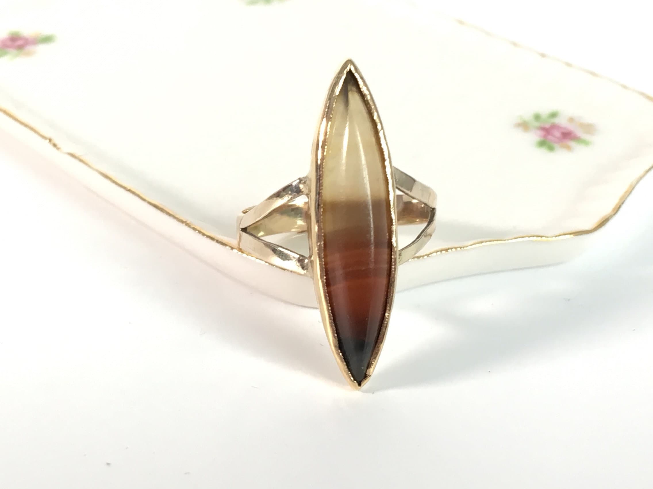 Vintage Victorian Navette Ring w/ Banded Agate - 10K Gold Plated Size 8 ...