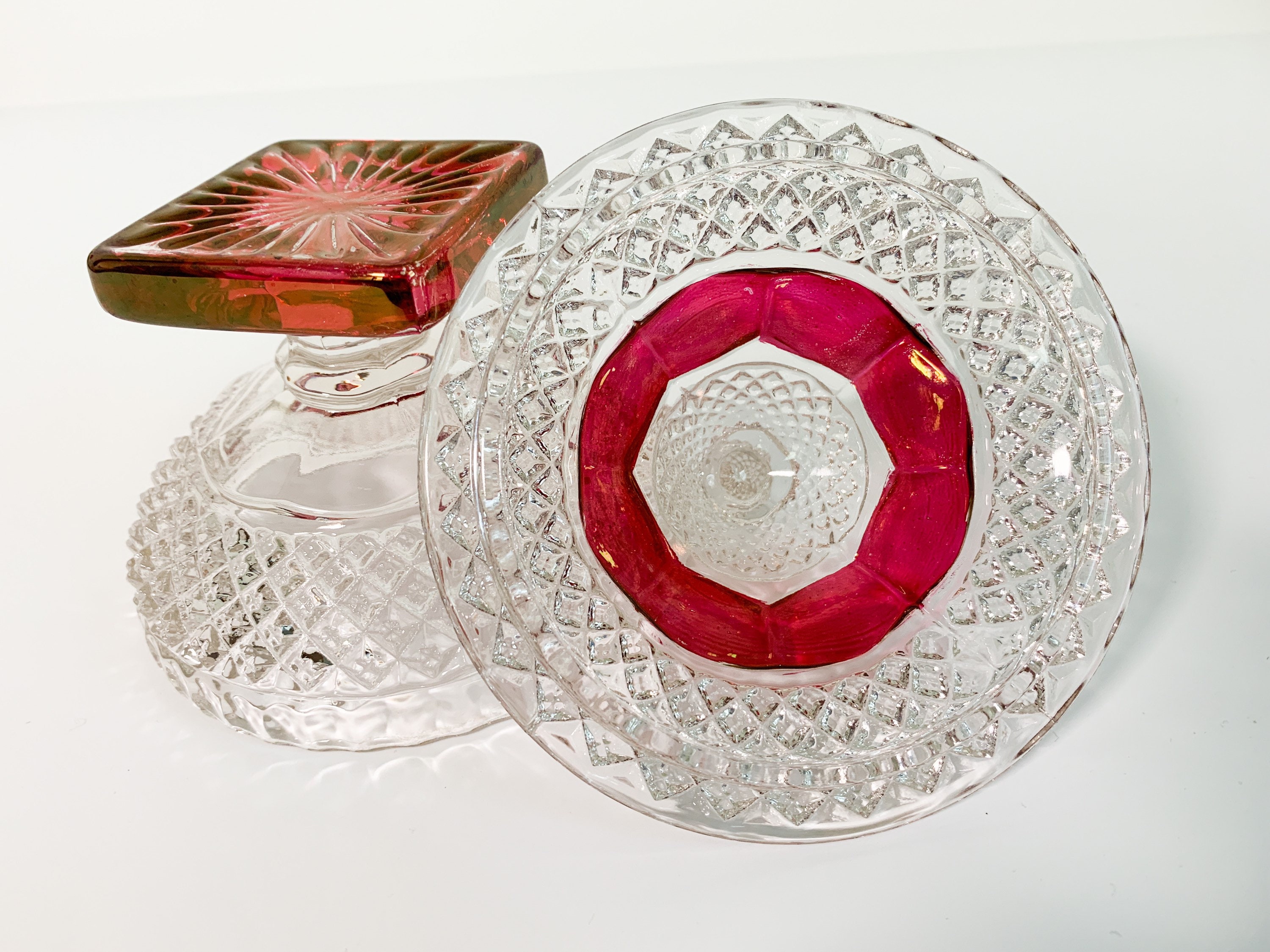 Vintage Red & Clear Ruby Flash Indiana Glass Diamond Point Covered Dish ...