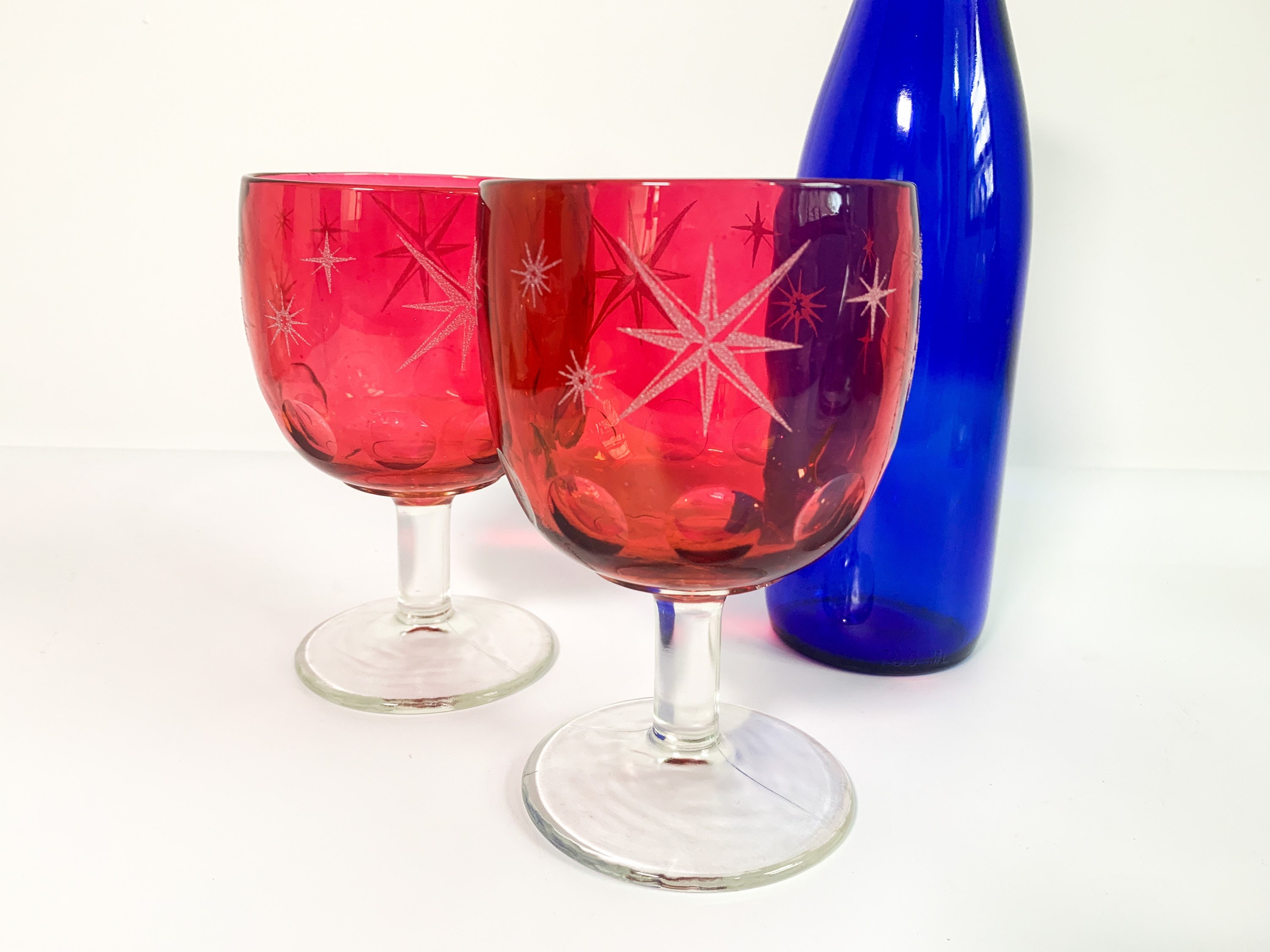 Pair Star Ruby Red w/ Clear Stem Large Goblets - Glasses - 2 Retro ...