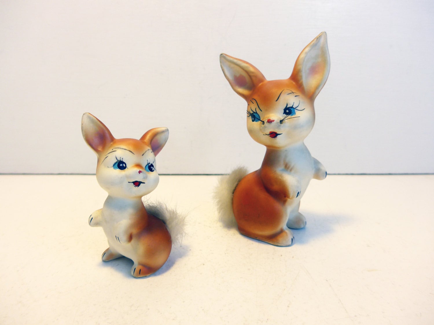 Vintage Bunny Figurines - Mama & Baby Bunnies Fur Tails - Kitsch ...