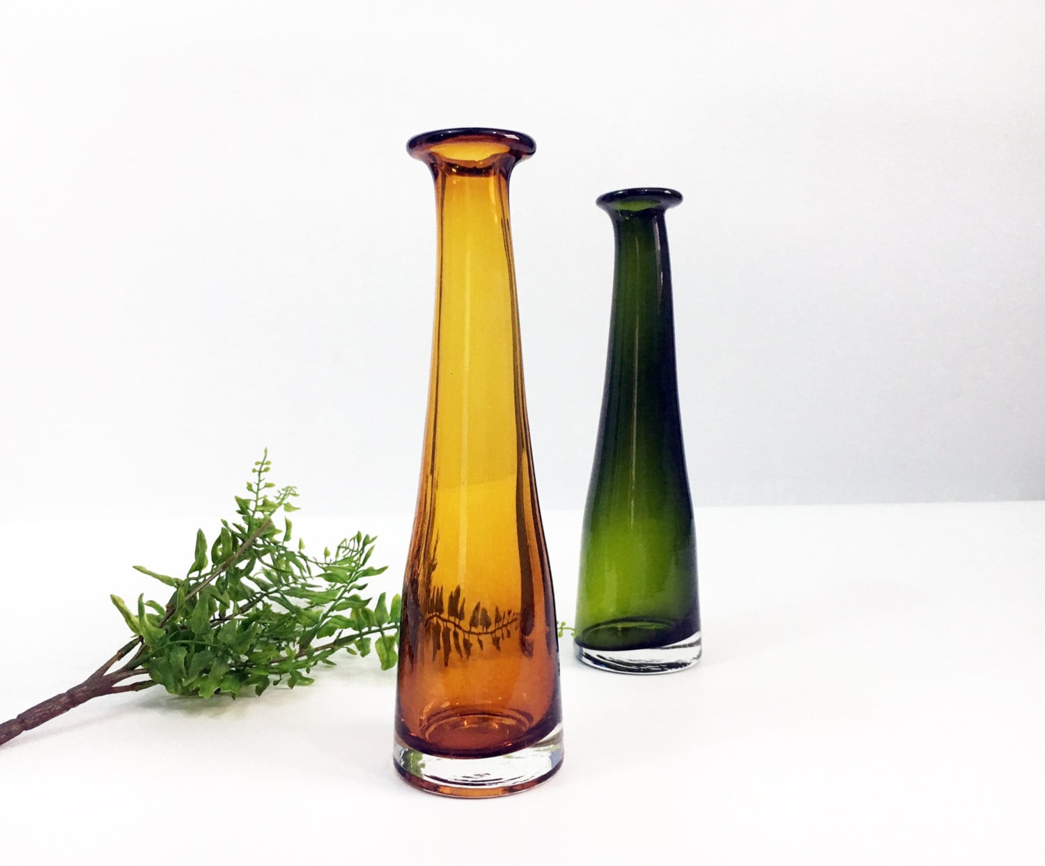 Tall Glass Vases Vintage Green And Yellowamber Hand Blown Retro Mid Century Hand Blown