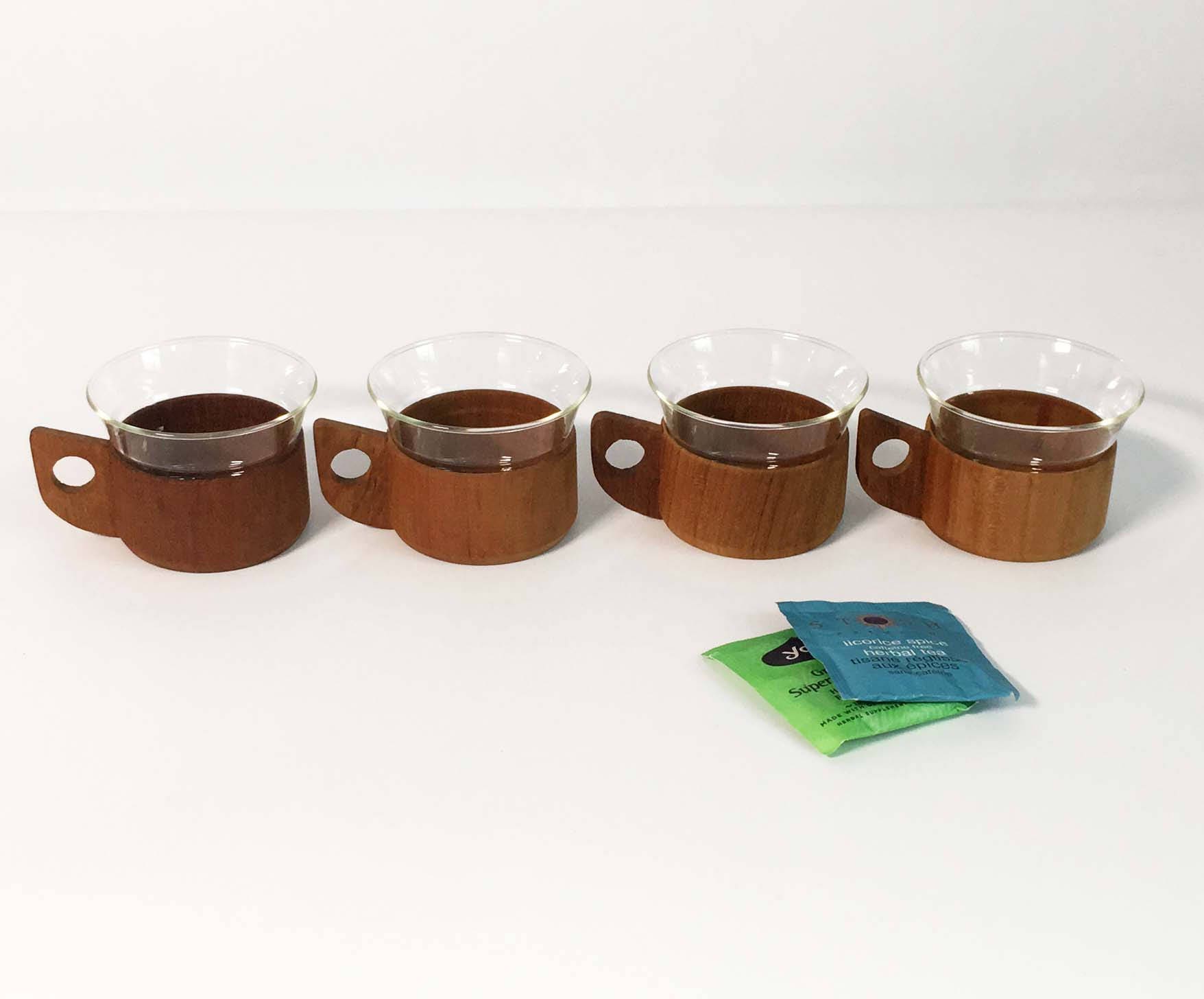 Vintage Schott Mainz Set of 4 Teak Wood and Glass Tea Cups - Coffee ...
