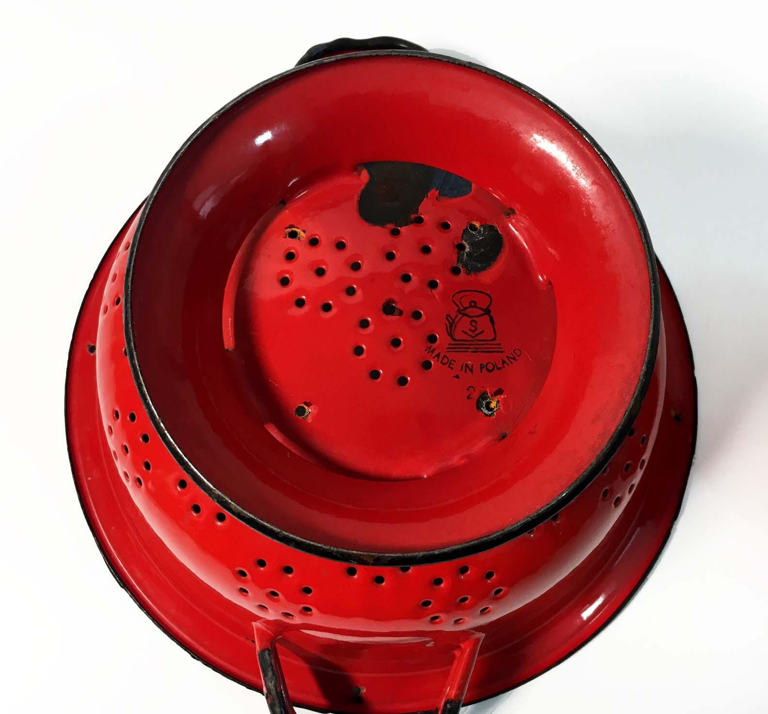 Vintage Enamelware Colander in Bright Red and Black Handled Strainer ...