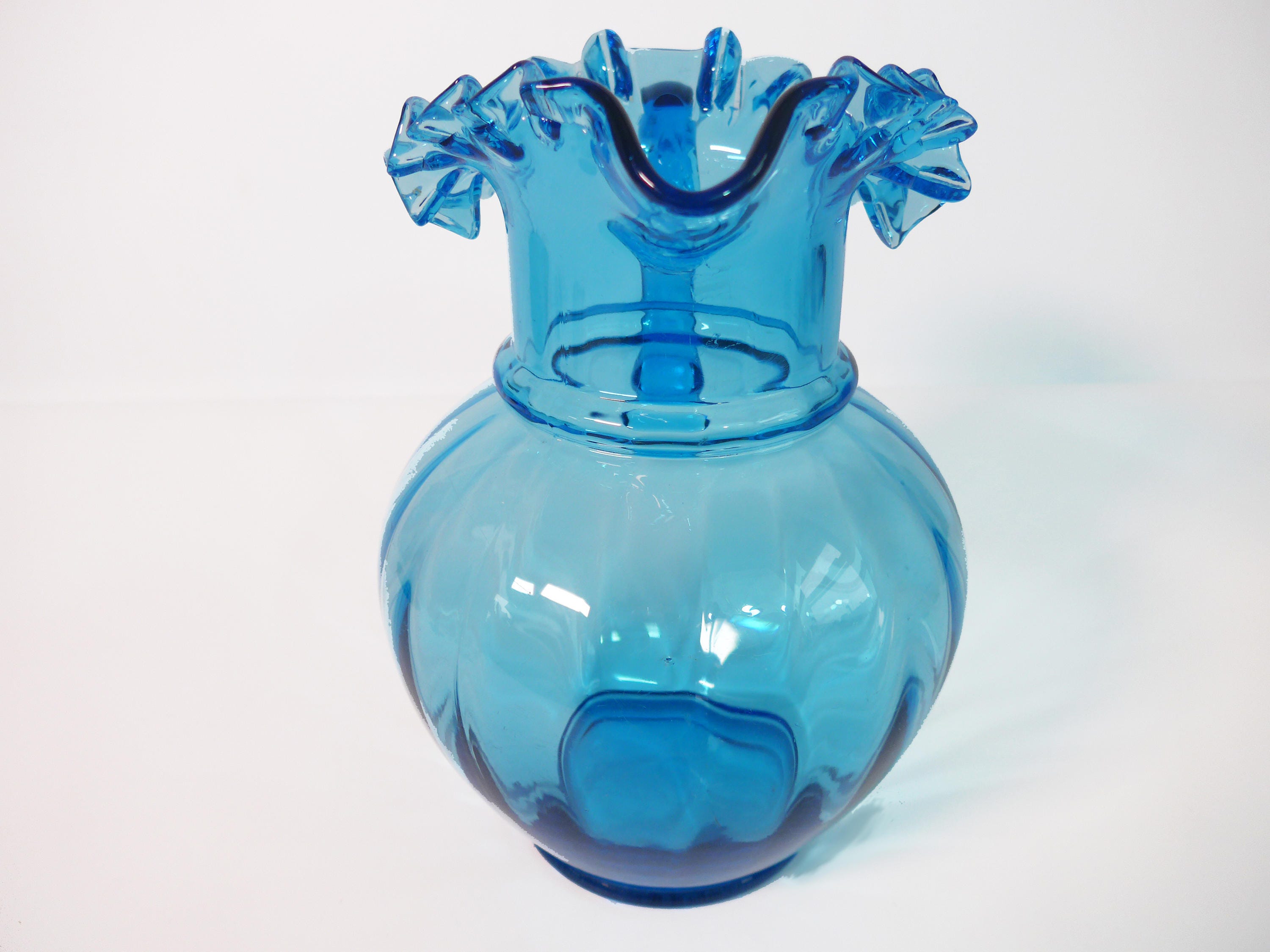 Vintage Blue Glass Frilly Edge Pitcher - LARGE Heavy Blue Pitcher ...
