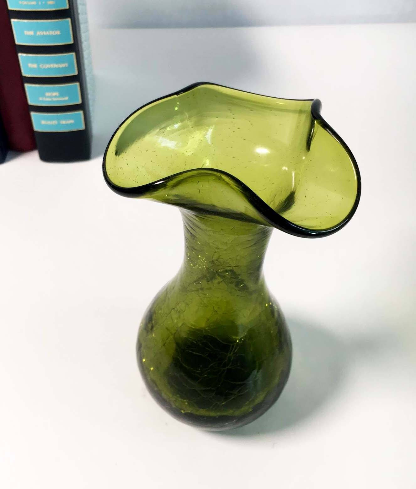 Vintage Green Crackle Glass Vase Handblown Green Glass With Wavy Top Retro Home Kitchen