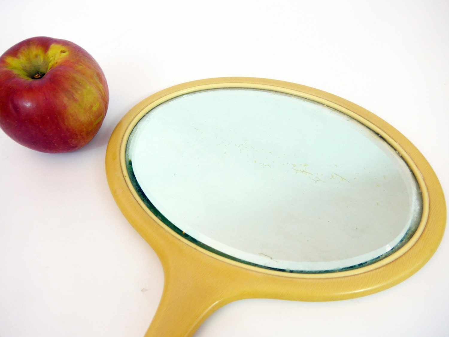 Vintage Yellow or Dark Ivory Celluloid Hand Mirror - LARGE Oval Art ...