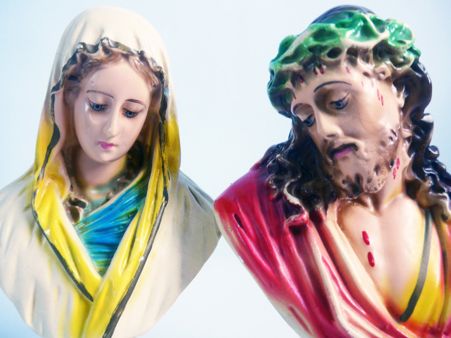 Vintage Jesus & Mary Chalkware Busts - Pair Retro Jesus Bloody Head ...