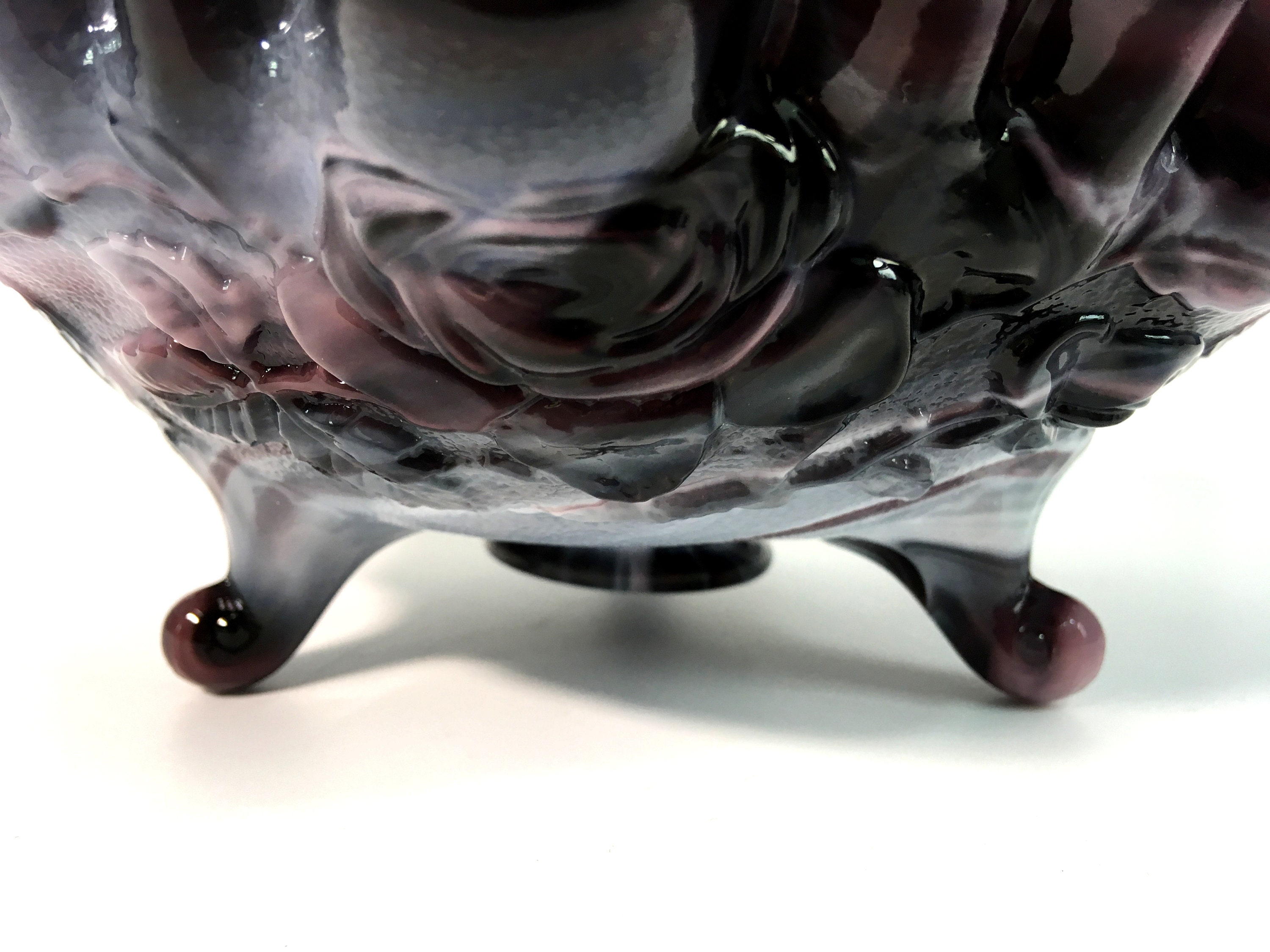 Vintage Imperial Purple Slag Glass Amethyst Footed Bowl Open Rose Pattern Retro Home Decor