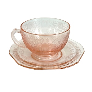 4 Hazel Atlas Florentine Pink Depression Glass Footed Cups & Saucers Ca ...