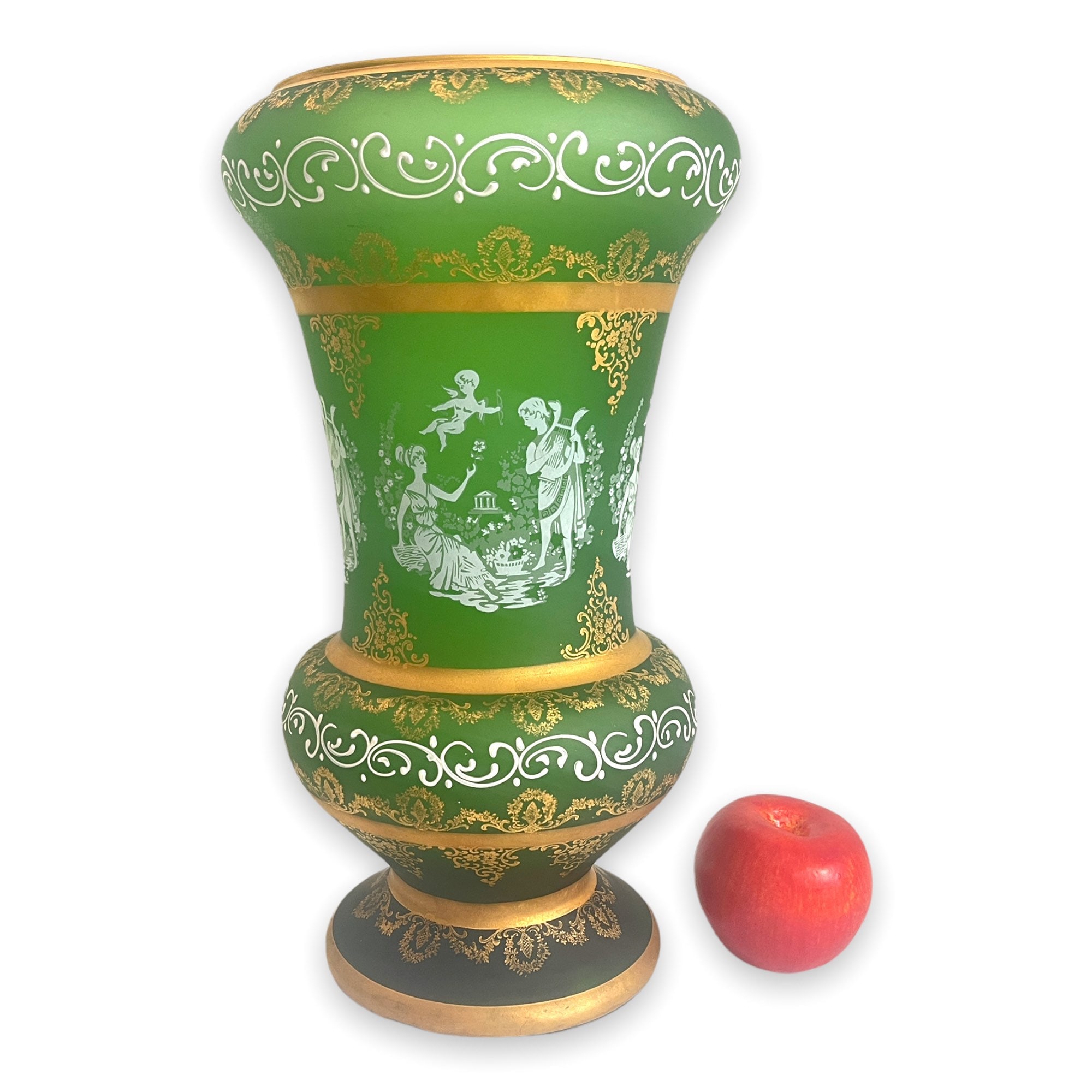Extra Large Art Glass Vase - Vintage Green Painted Glass Vase w/ Gold ...