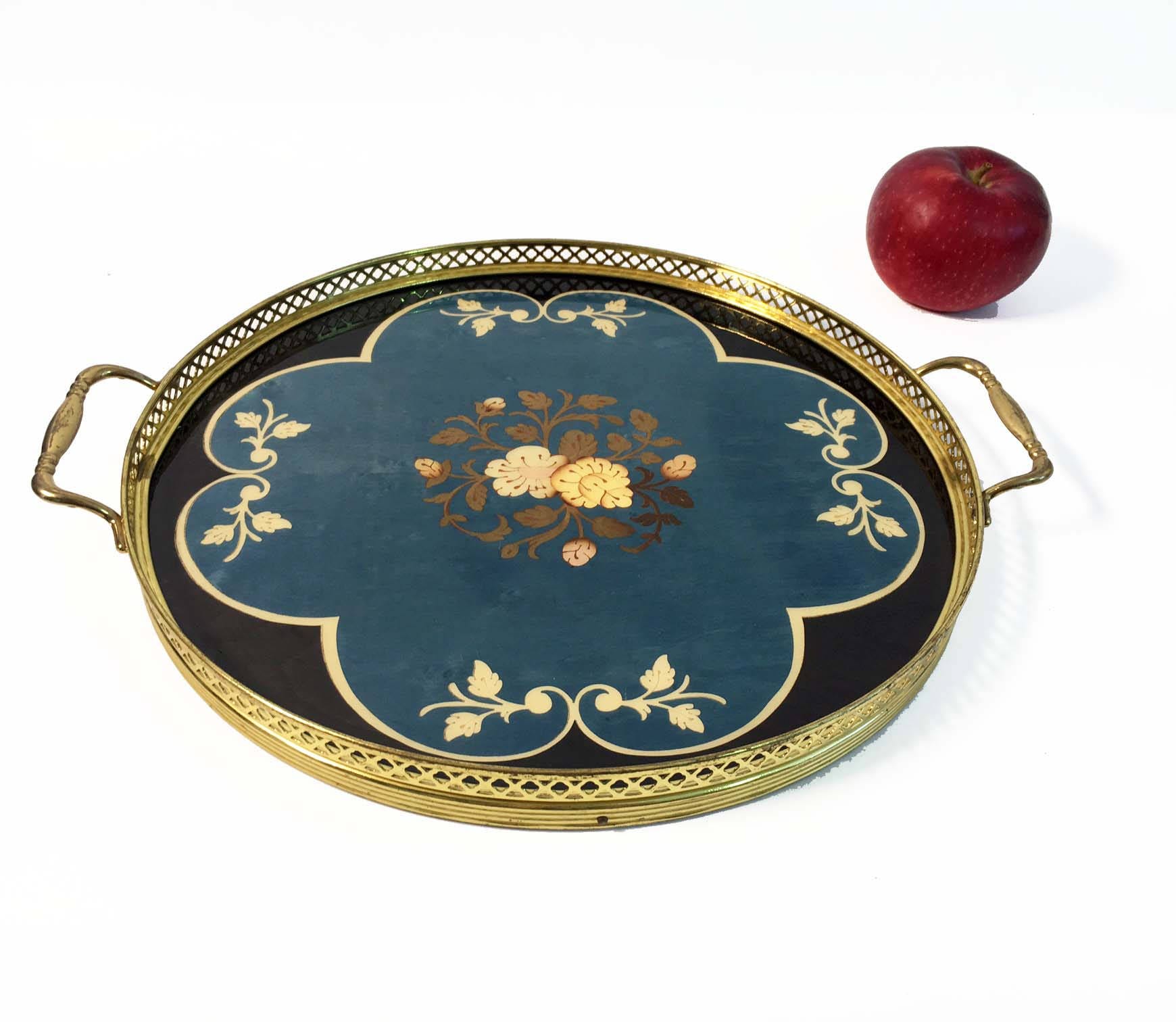 Vintage Wood Flower Floral Inlay Round Serving Tray - Italy Inlaid Wood ...