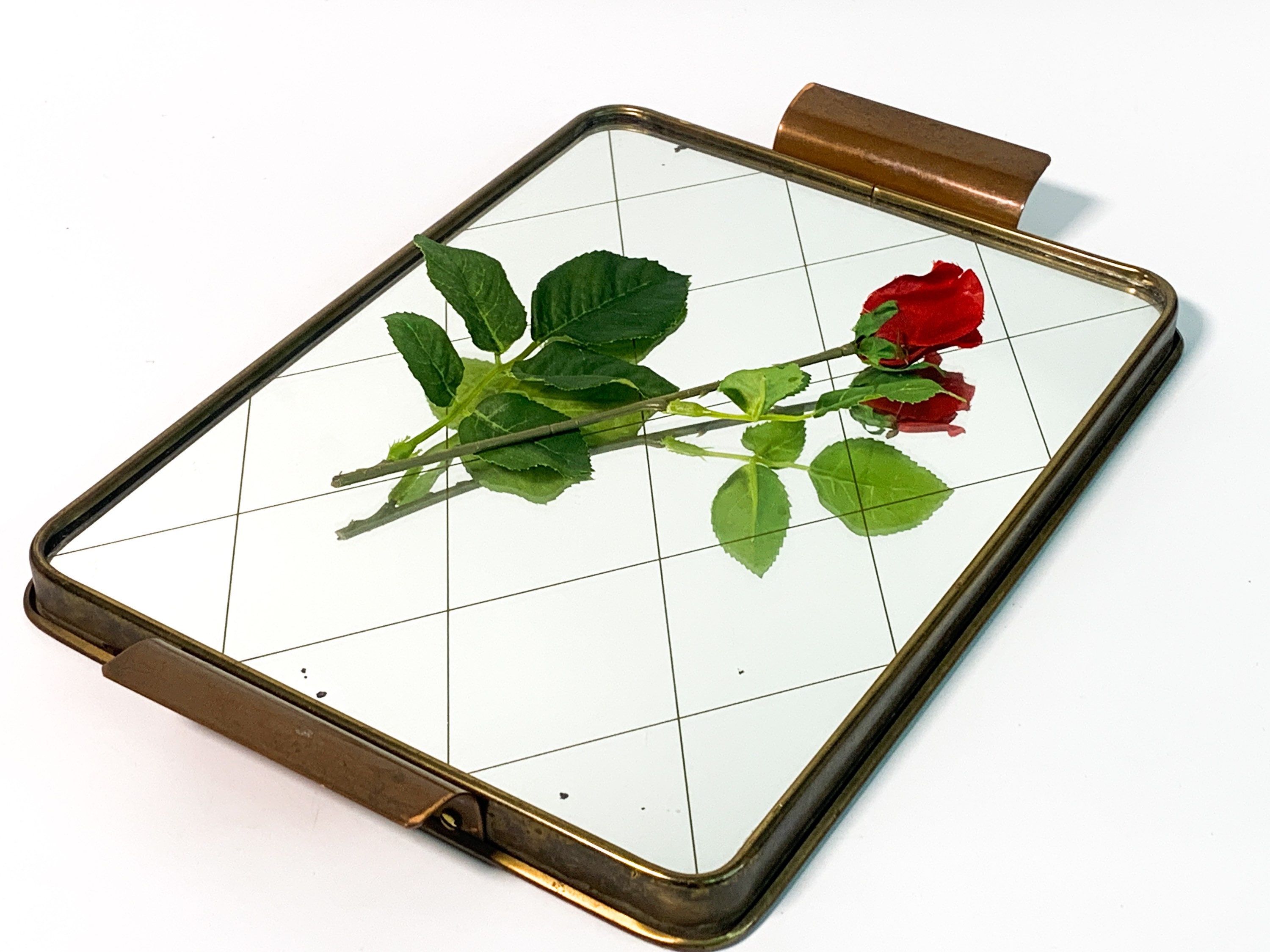 Vintage Rectangular Vanity Tray Large Mirror W Brass Edges Copper Handles And Crisscross