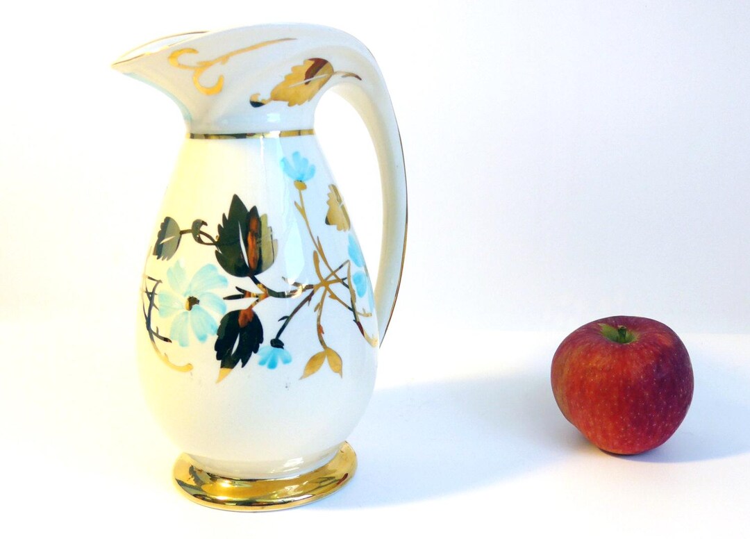 Vintage Myott Art Deco Pitcher: Handpainted Turquoise Floral, Gold Trim ...