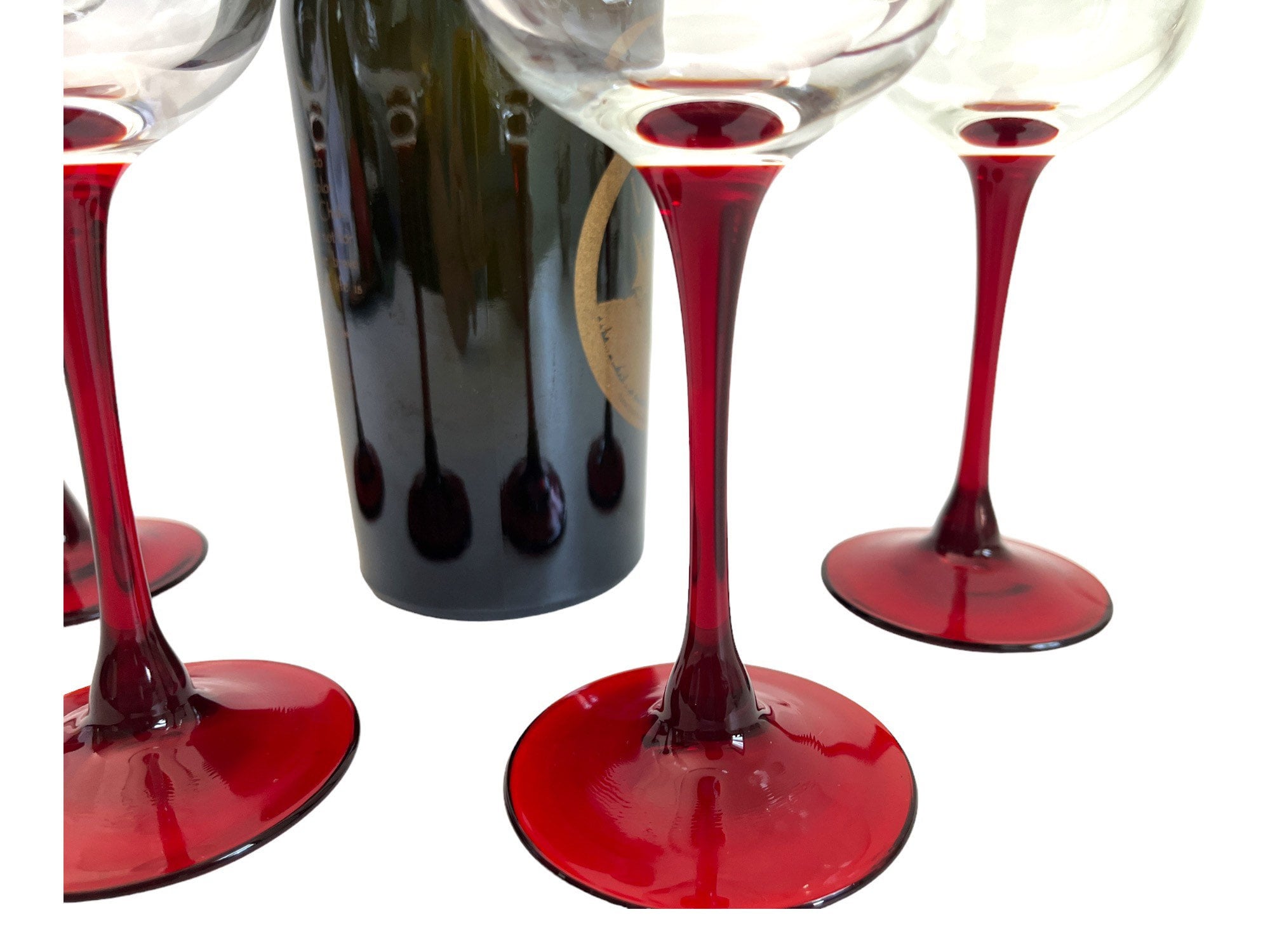 4 Vintage Cristal Darques Durand Americana Ruby Red Stem Wine Glasses France Four Clear Wide