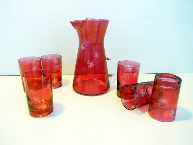 Pitcher w/ Glasses - Mid Century 7 Piece Red Atomic Glass & PItcher Set ...