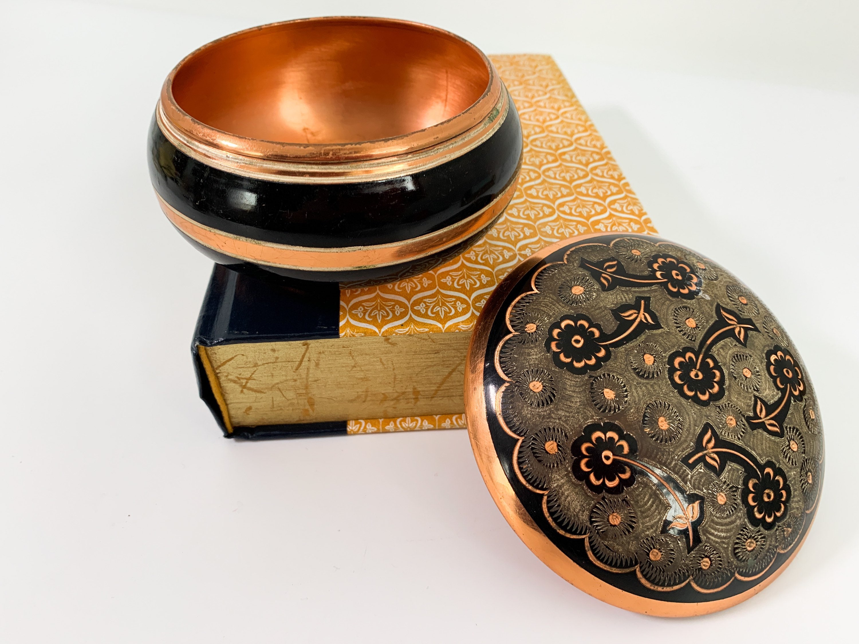 Vintage Copper & Enamel Trinket or Small Jewelry Jar / Box - Black ...