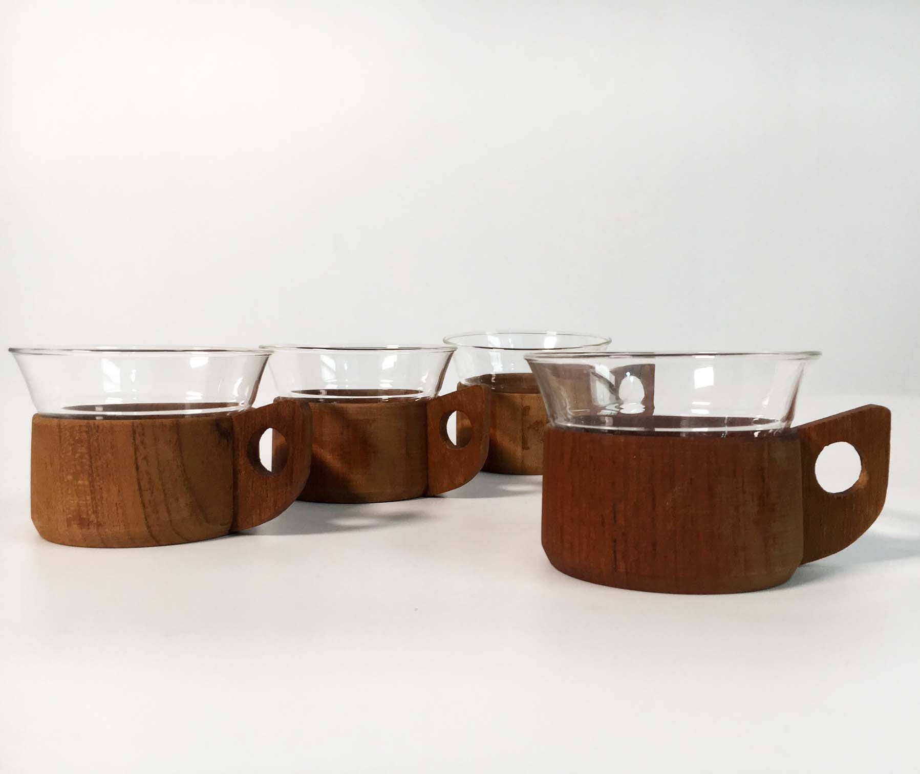 Vintage Schott Mainz Set of 4 Teak Wood and Glass Tea Cups - Coffee ...