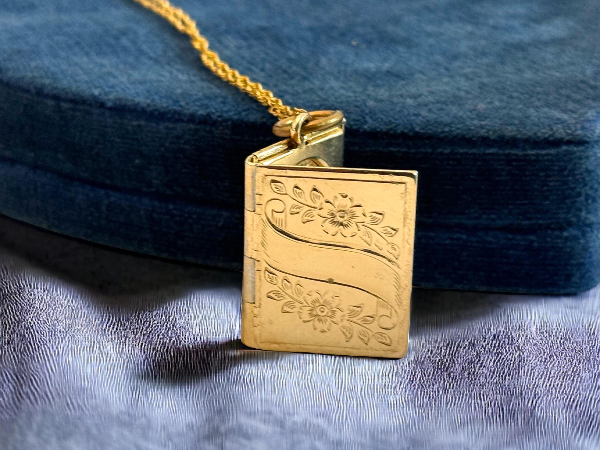 Vintage Book Locket on Gold Filled Chain - Etched Rectangular Picture ...