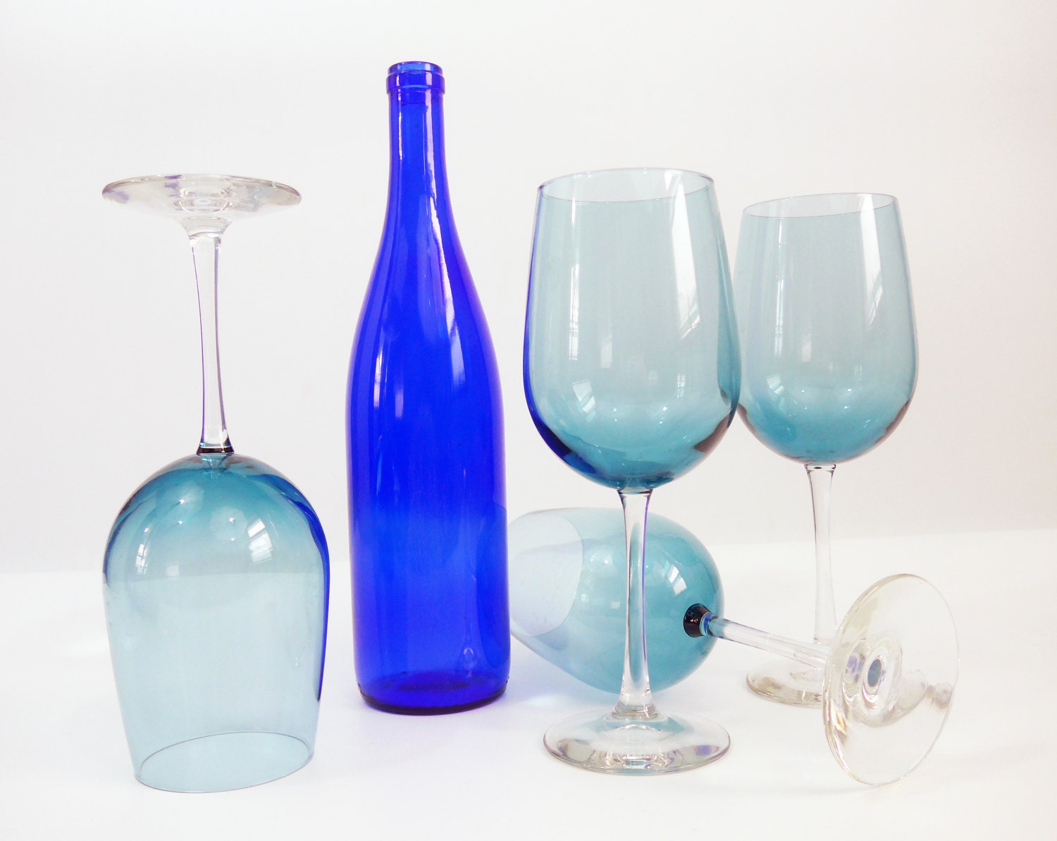 Vintage Set 4 Tall Blue Crystal Wine Glasses - Set of Four Large Water ...