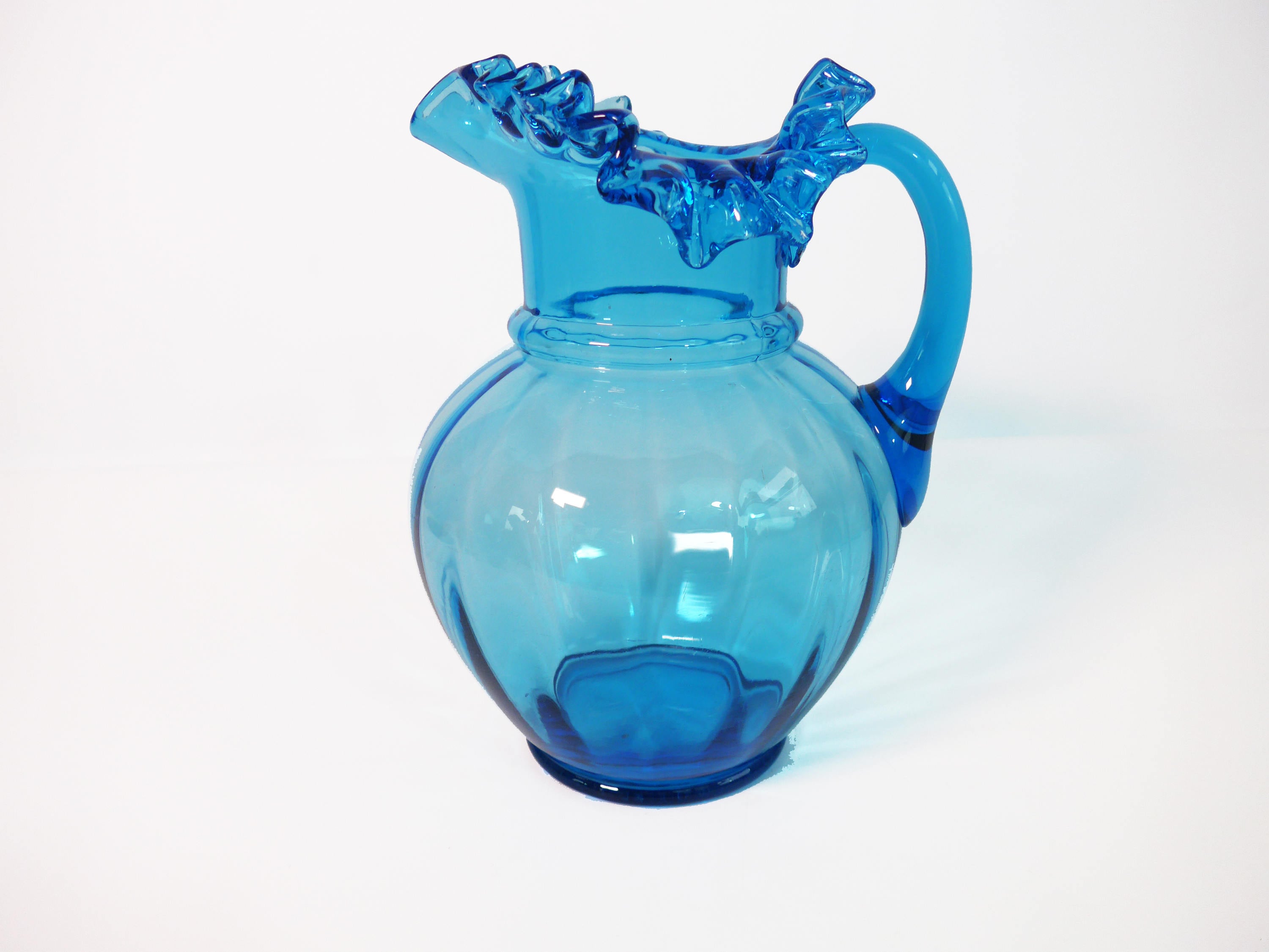 Vintage Blue Glass Frilly Edge Pitcher - LARGE Heavy Blue Pitcher ...