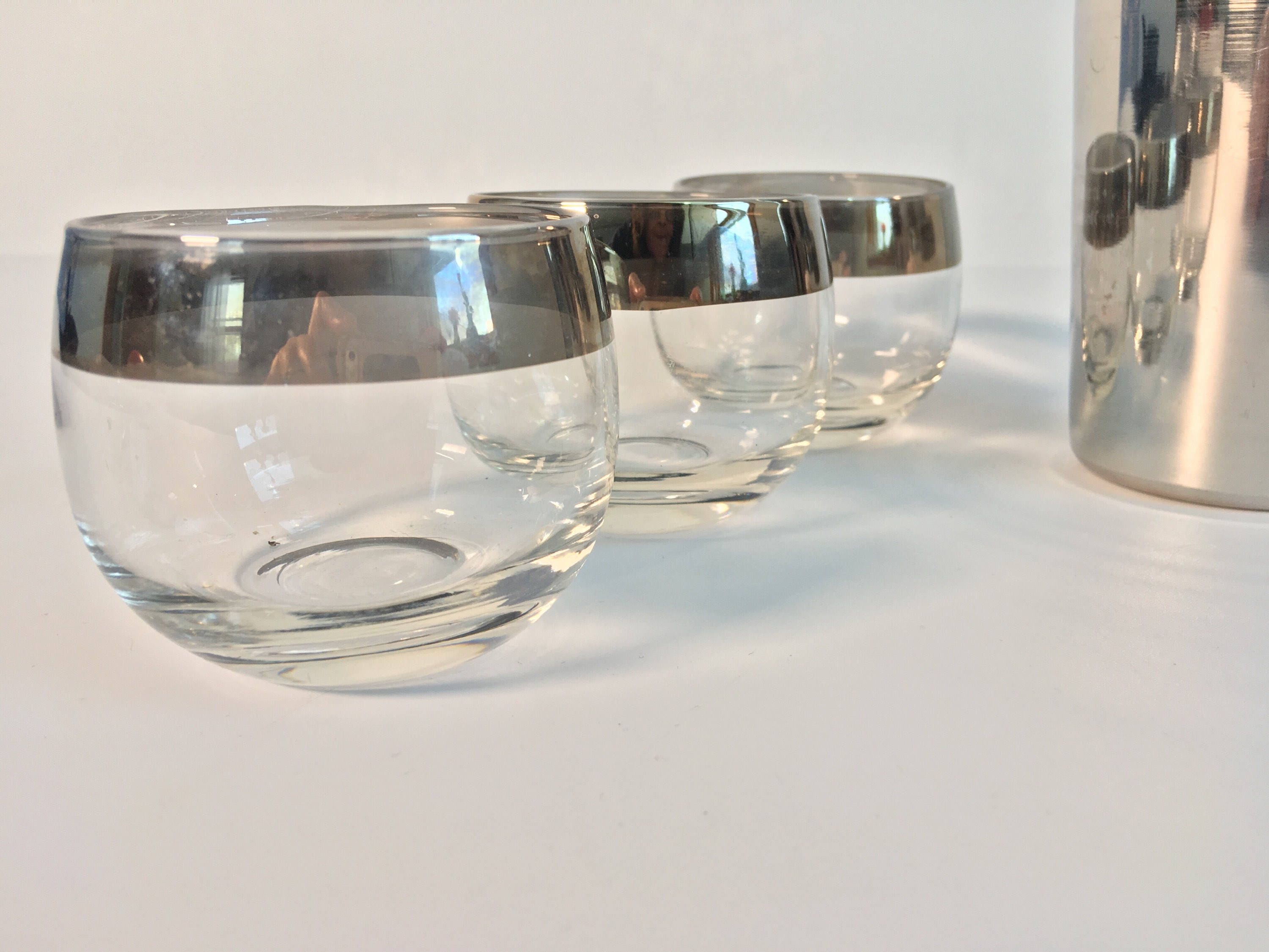 3 Vintage Mad Men Glasses Wide Silver Rim 3 Pc Roly Poly Glasses Mid Century Silver Band