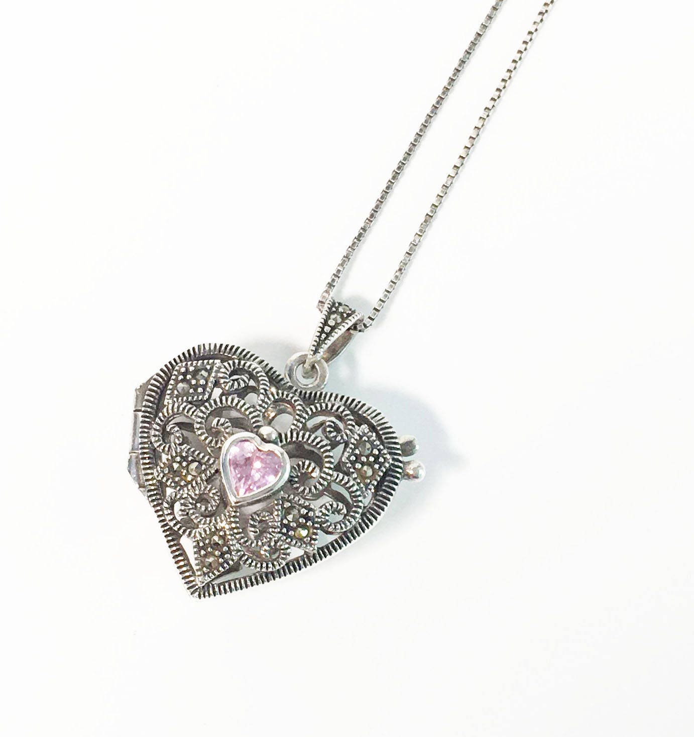 Vintage Marcasite Sterling Silver Heart Necklace Locket and Chain ... Vintage Marcasite Sterling Silver Heart Necklace Locket and Chain ...