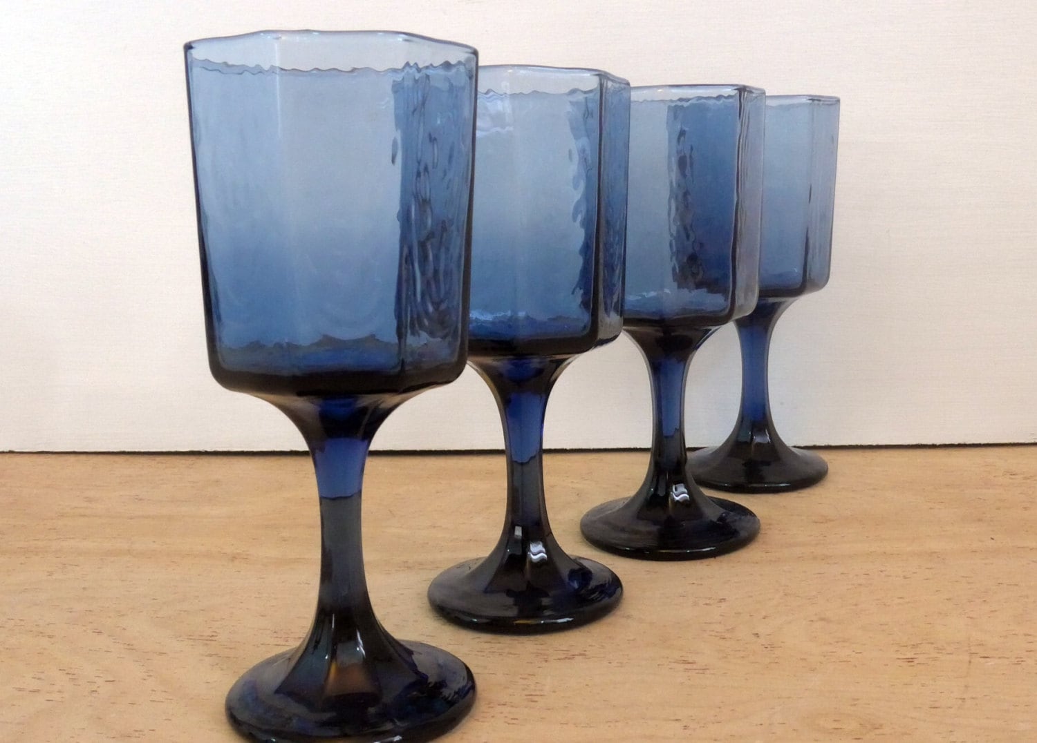 Vintage Set of 4 Libbey Blue Facets Wine Glasses - Textured Cobalt Blue ...
