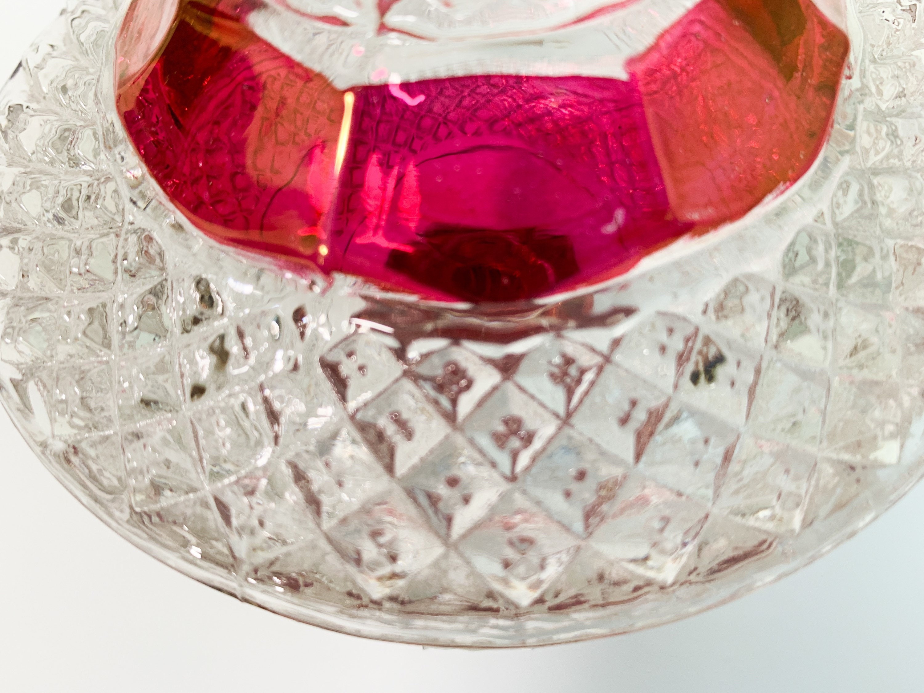 Vintage Red & Clear Ruby Flash Indiana Glass Diamond Point Covered Dish ...