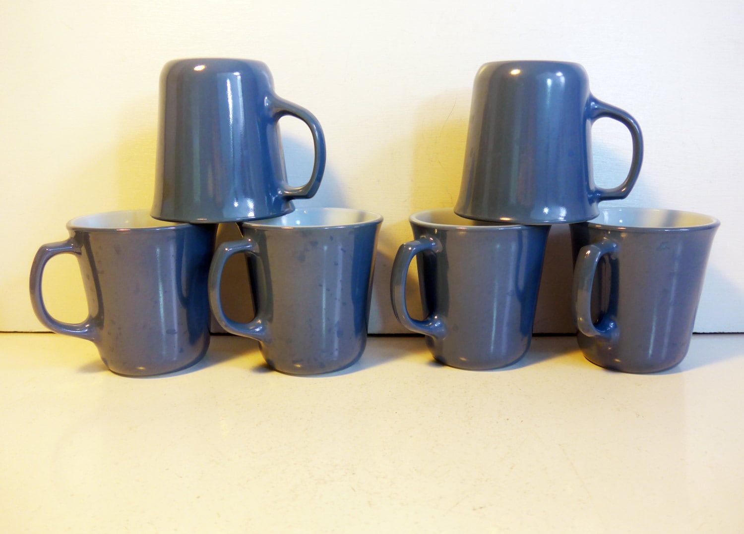6 Vintage Slate Cornflower Blue Pyrex Corning Mugs Coffee Cups w/ White ...