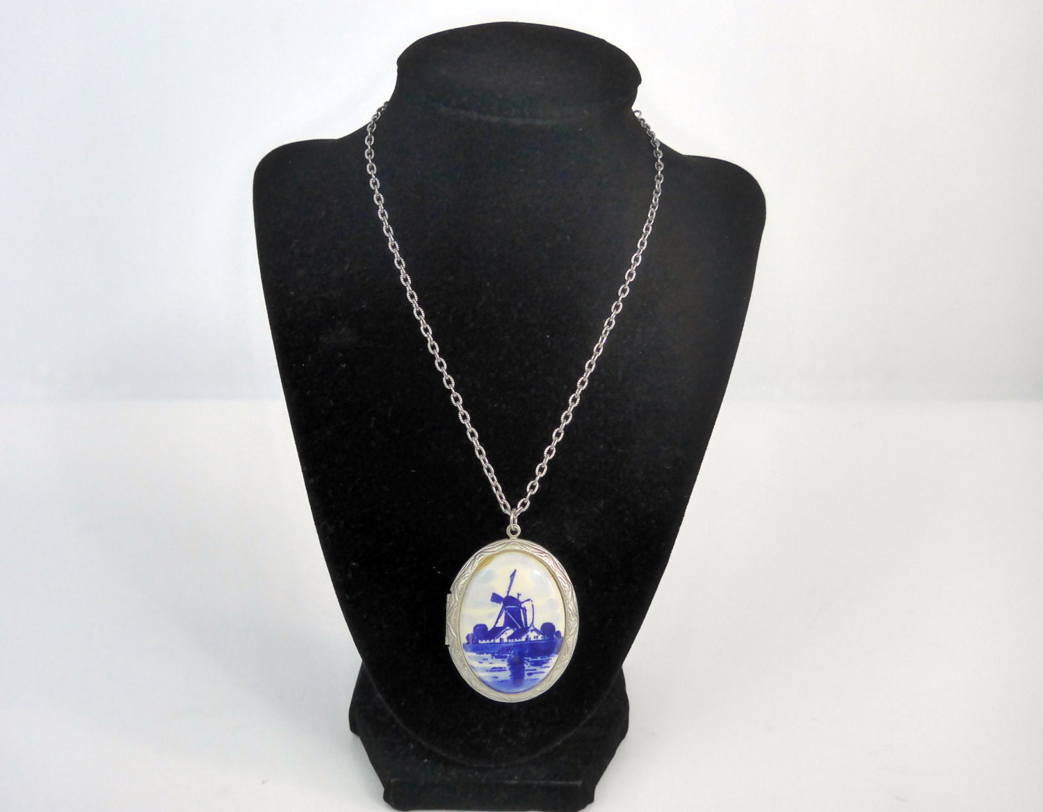 LARGE Vintage Delft Blue Hand Painted Locket on Long Silver tone Chain ...