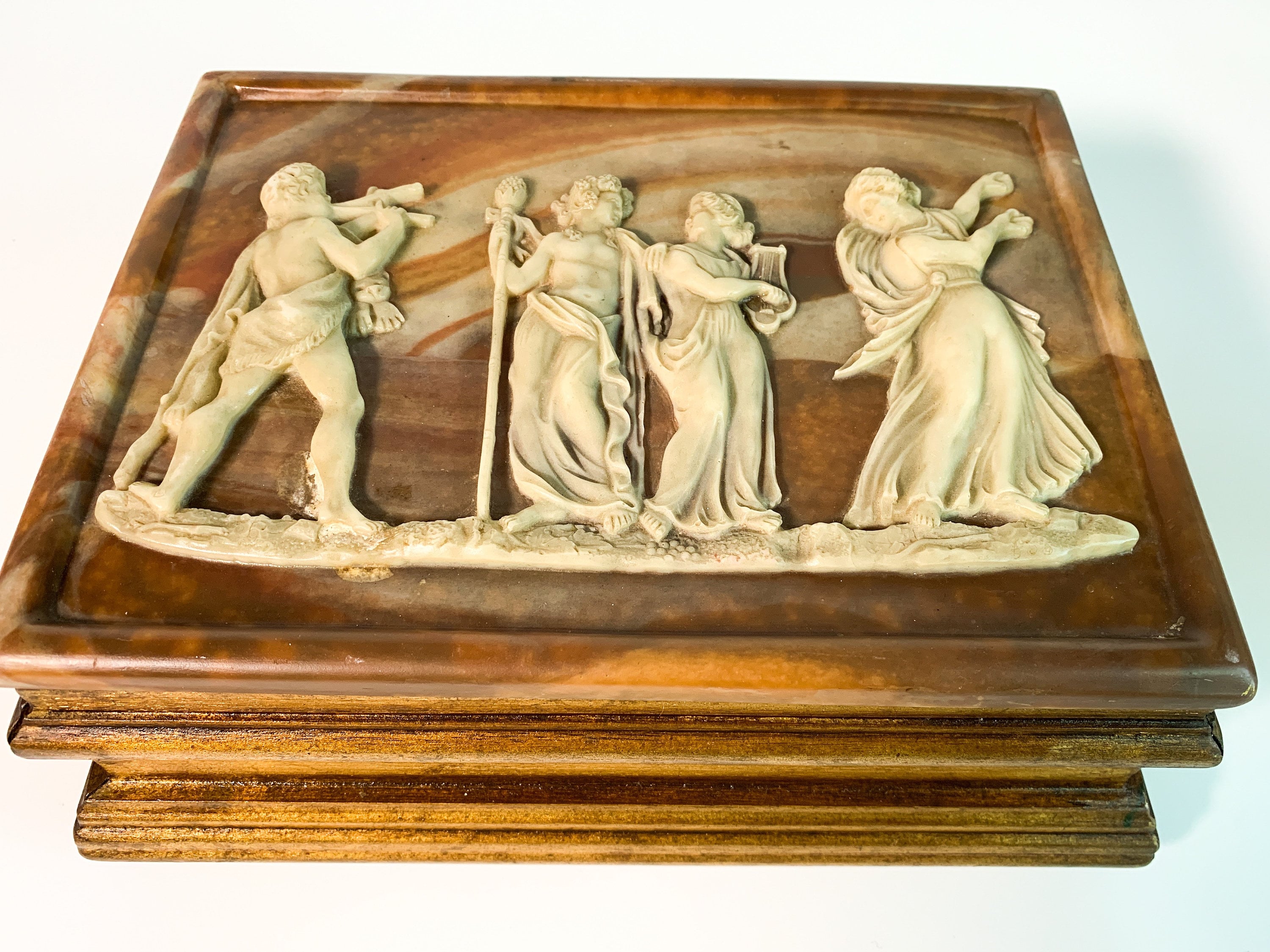 Vintage Incolay Carved Stone & Wood Jewelry Box - Velvet Lined 2 ...