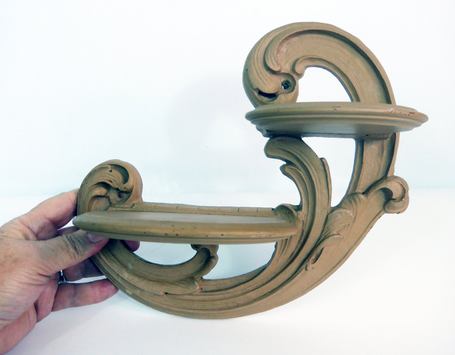 Vintage Syroco 2 Tier Wall Shelf - Mid century Ornate Light Brown ...