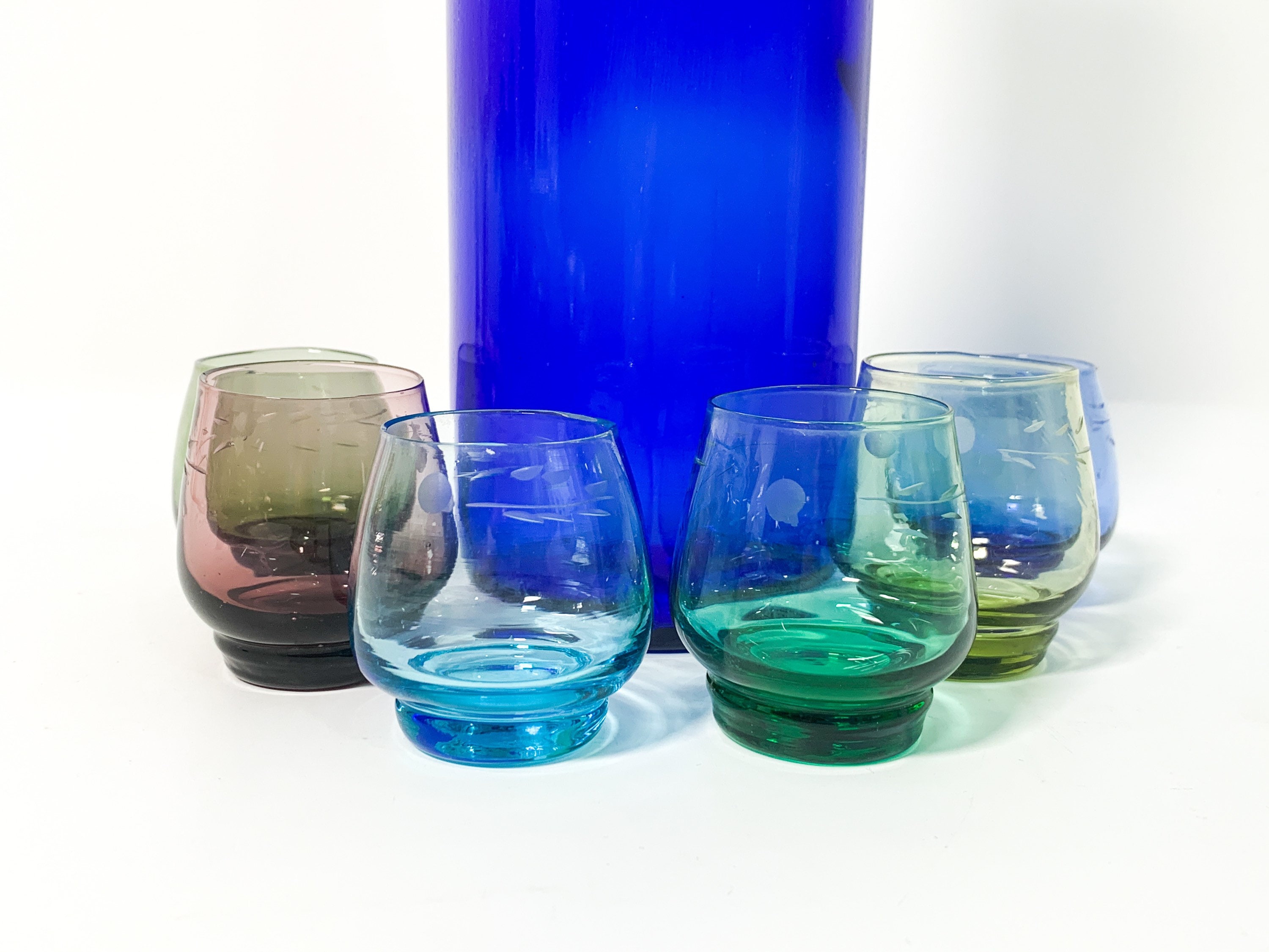 6 Vintage Etched Cordial Multi Colored Glasses Six Etched Hand Blown