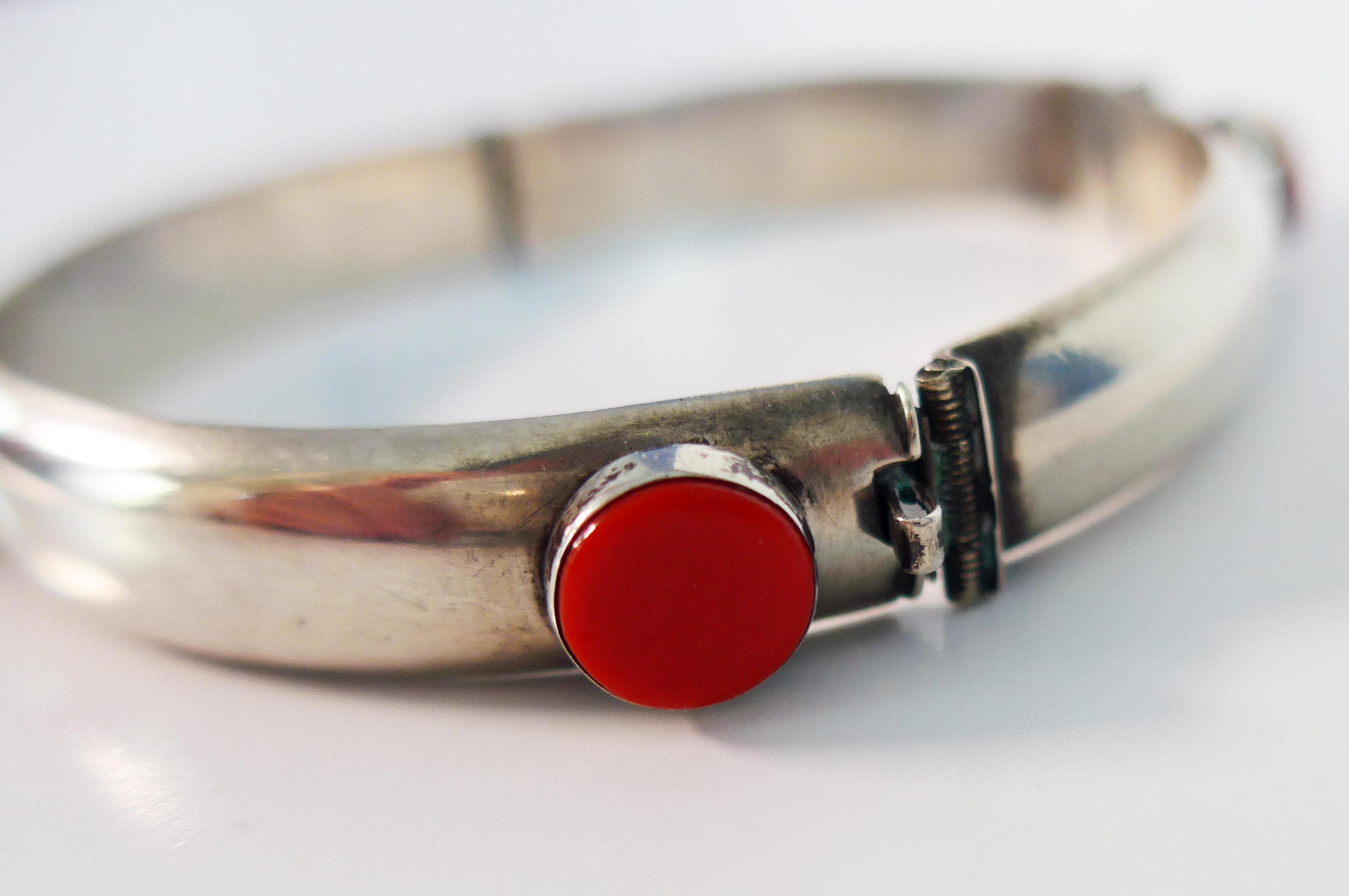 Vintage Taxco Sterling Silver Bracelet w/ 4 Coral Tablets - Silver ...