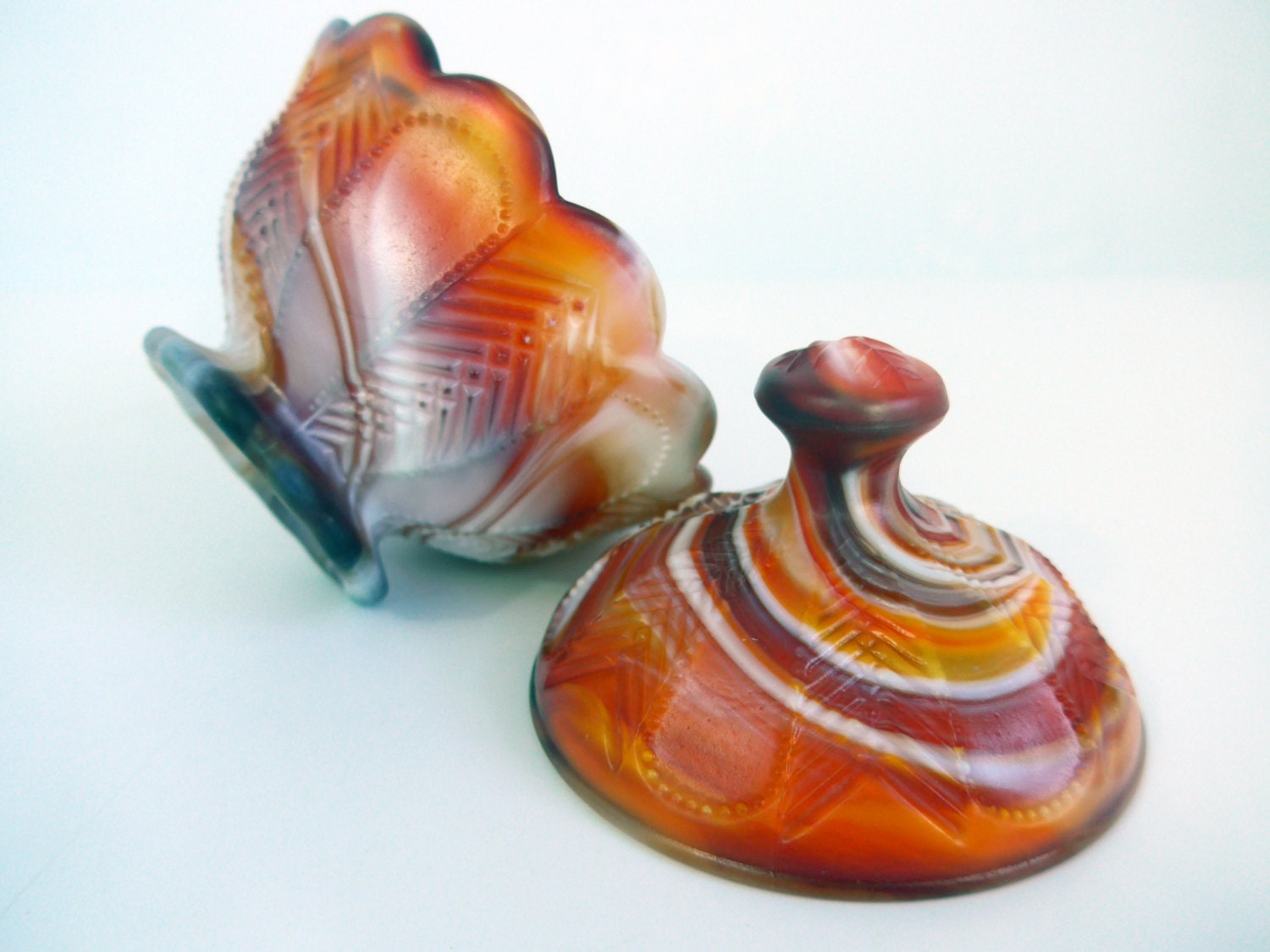 Authentic Imperial Glass Ruby Slag Round Candy Dish & Cover Feather ...