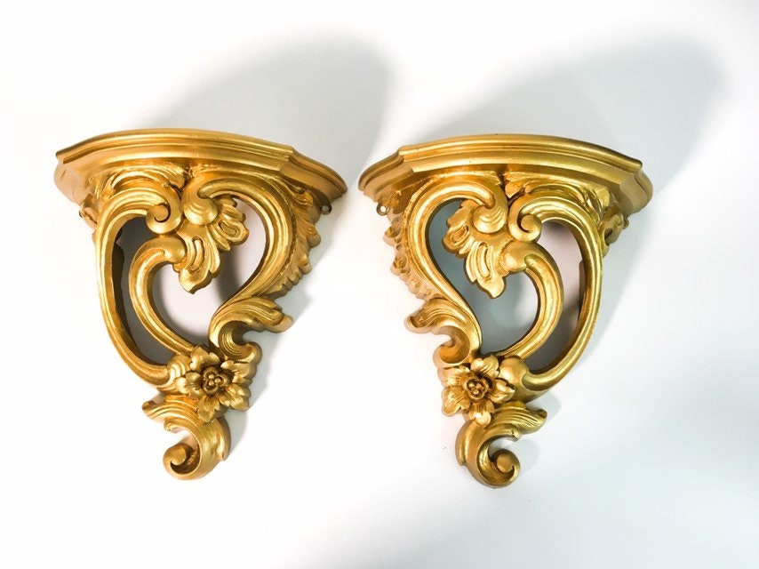 Pair Vintage Gold Ornate Syroco Shelves - 2 Wall Shelves Retro French ...