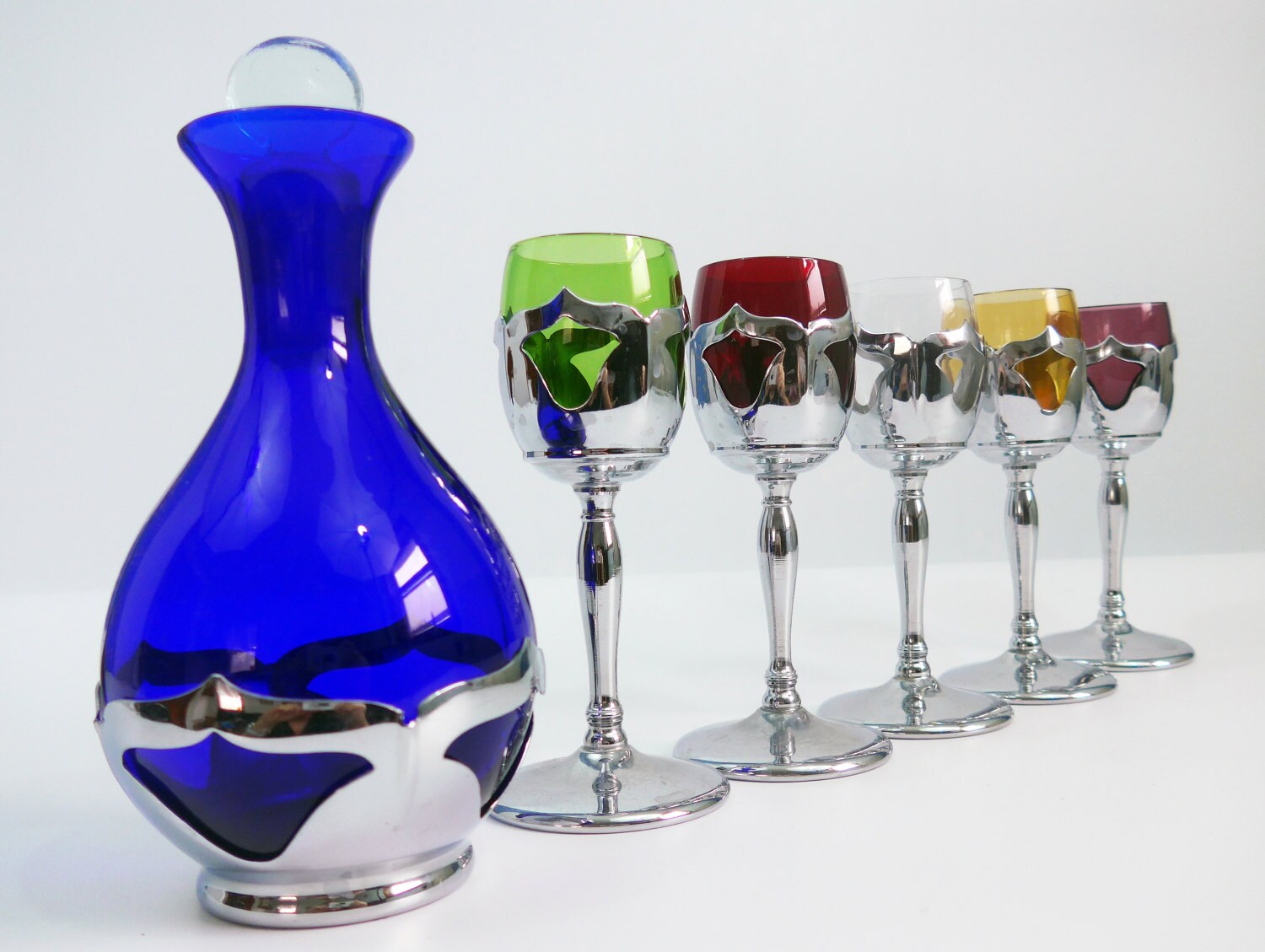 Vintage Decanter Farber Brothers Cobalt Blue Cordial Set Glass w ...