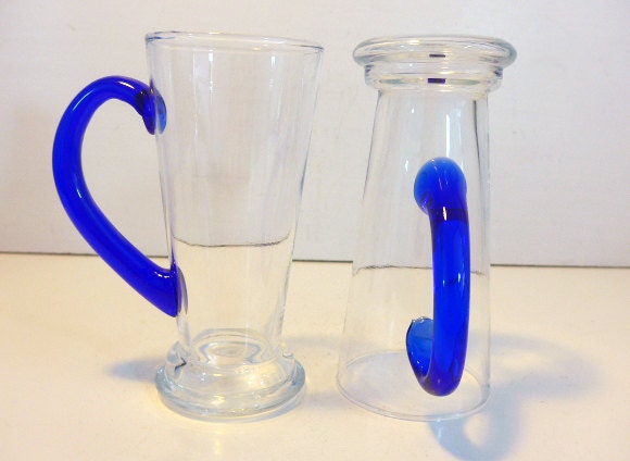 Vintage Hand Blown Glass Beer Mugs 2 Clear Handblown Glass Steins W Blue Glass Handles Pair