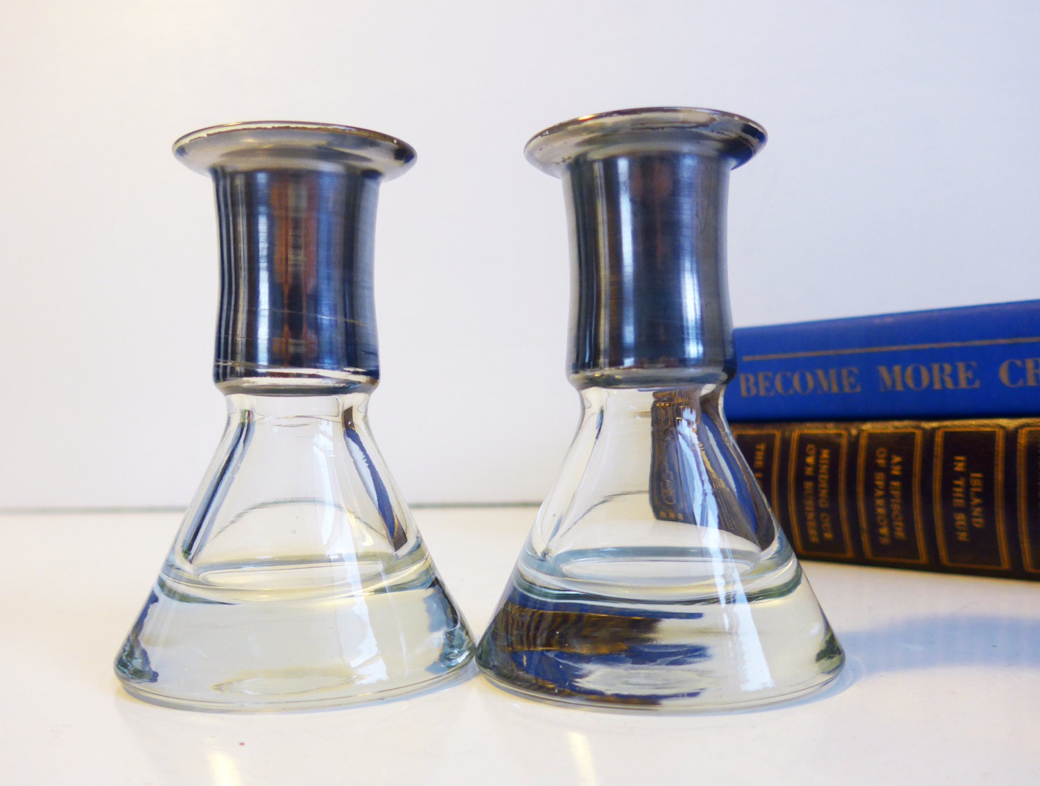 Pair Vintage Silver Band Glass Candlestick Holders - Short Mod ...