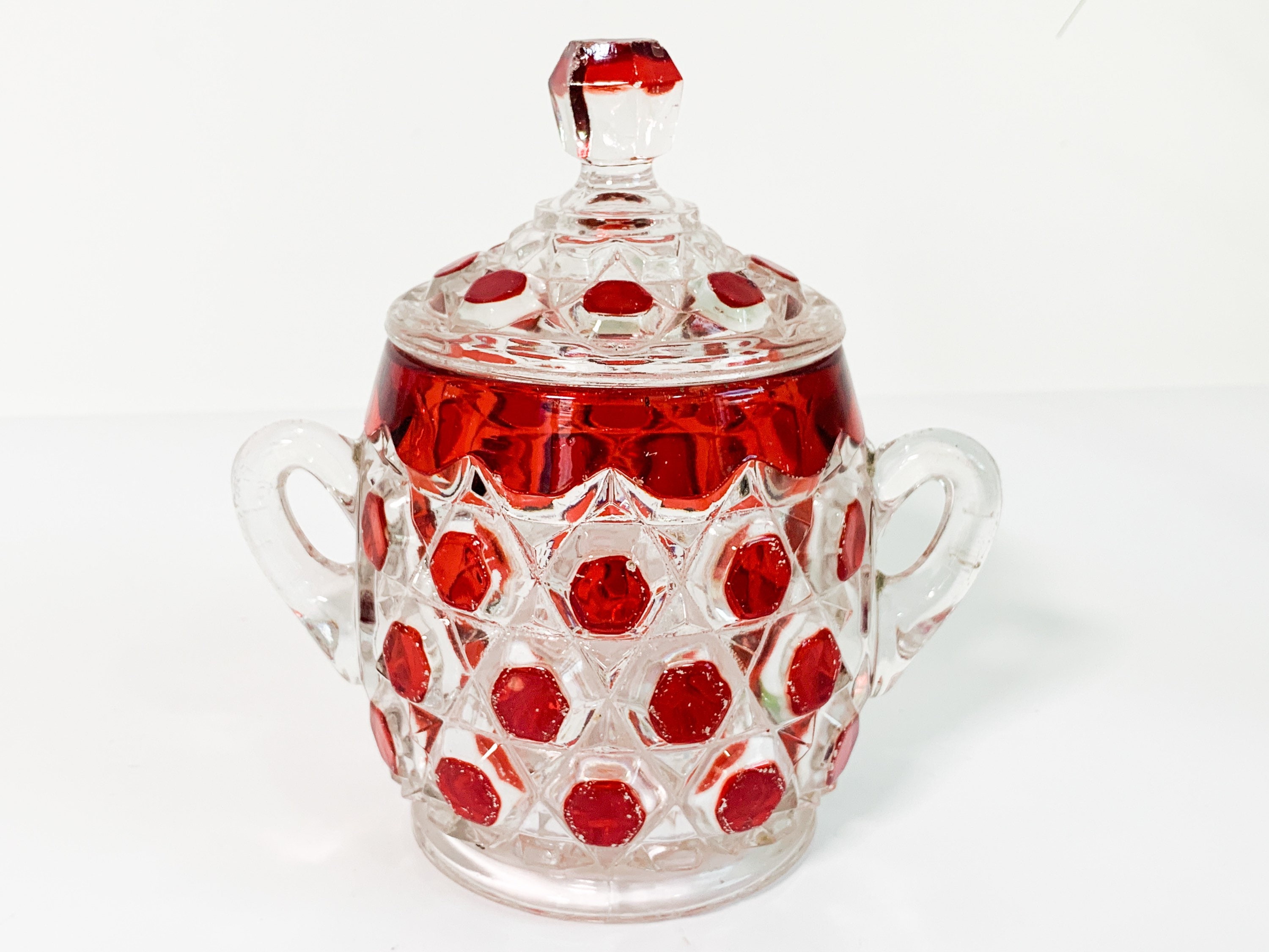 Antique Red Block Jar And Lid By Us Glass Vintage Flashed Glass Round Jar W Lid 2 Handles