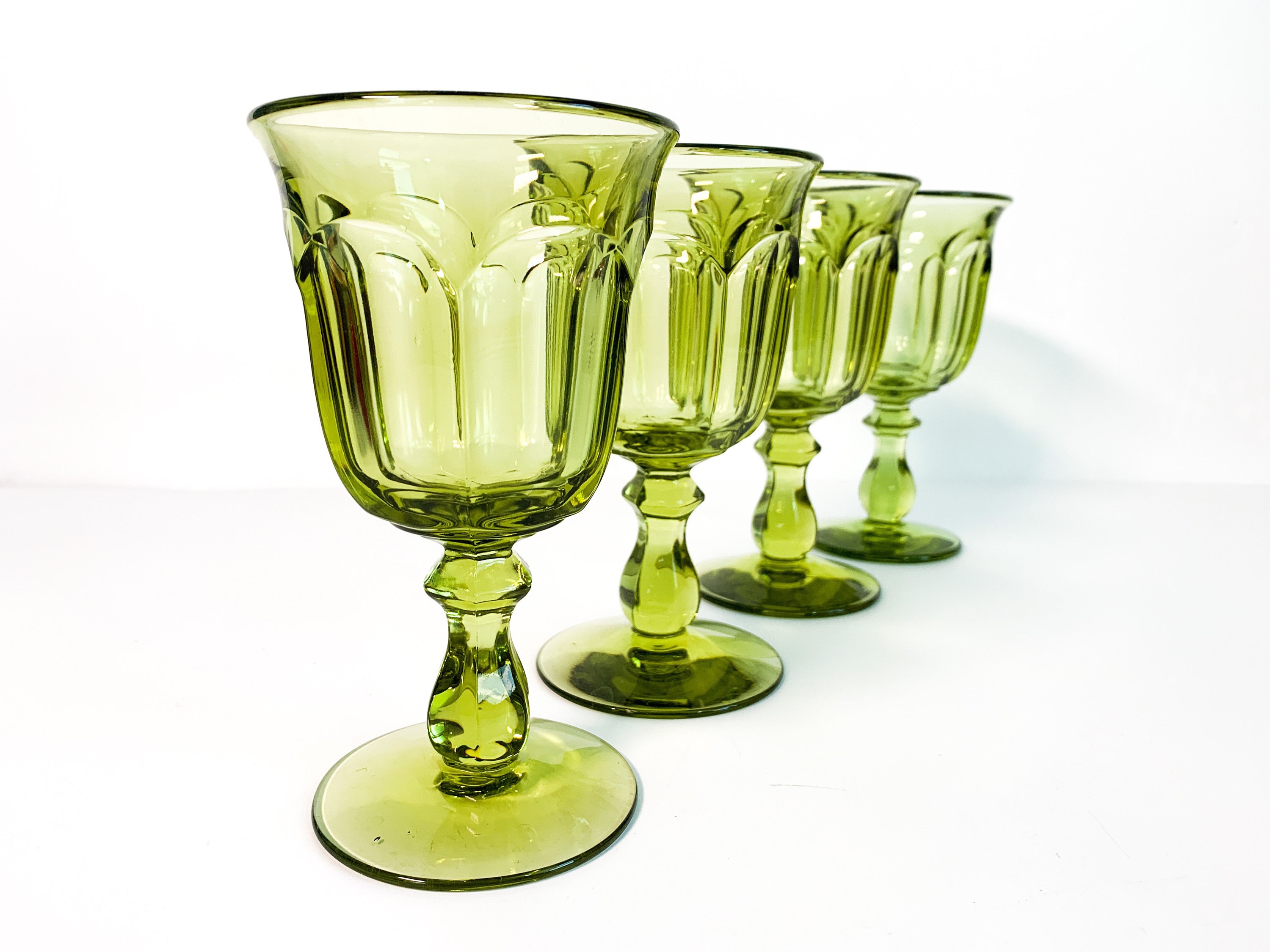 4 Vintage Green Water Goblets Old Williamsburg Verde Green Imperial Glass Retro Drinkware