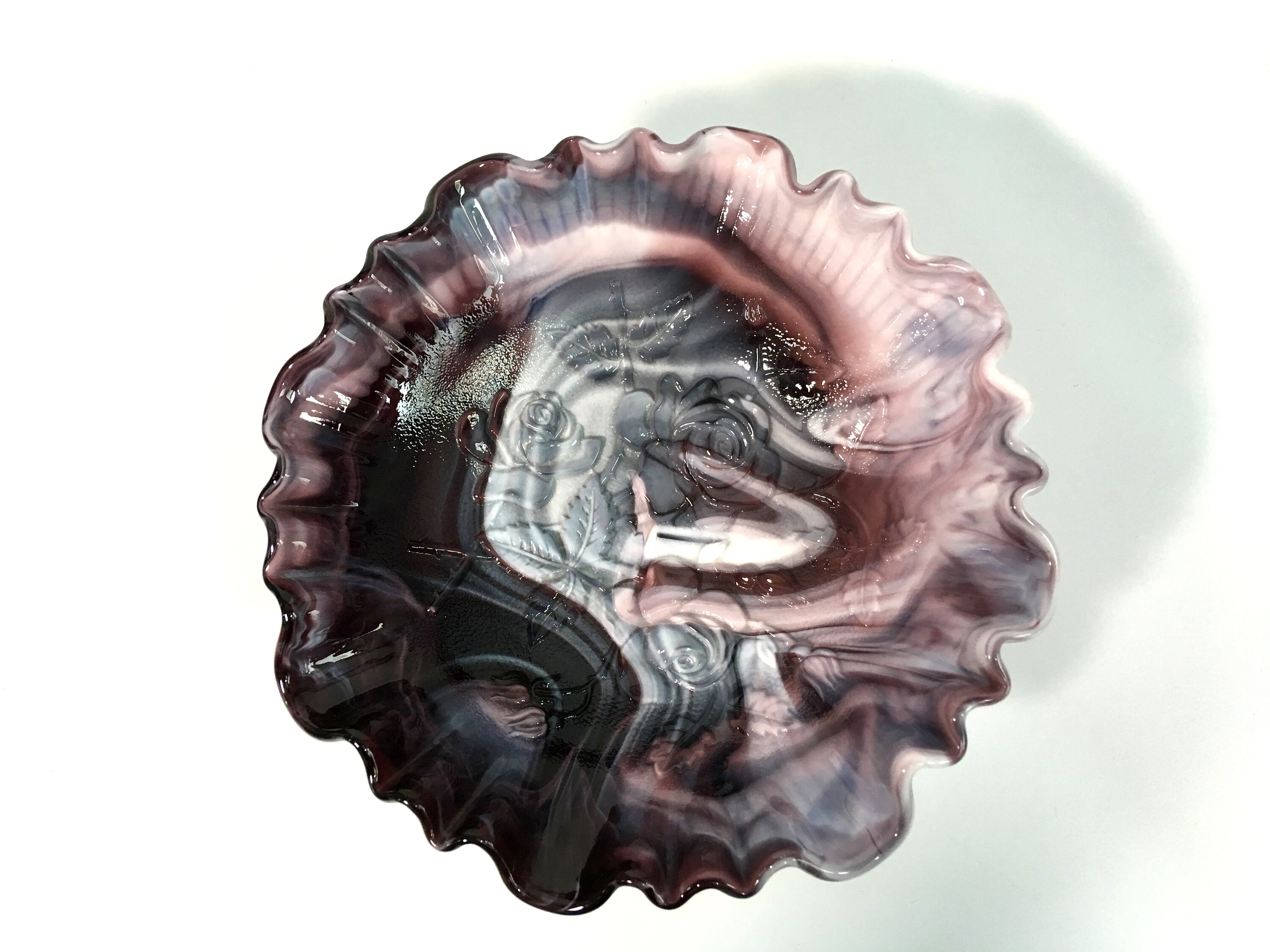Vintage Imperial Purple Slag Glass Amethyst Footed Bowl Open Rose Pattern Retro Home Decor