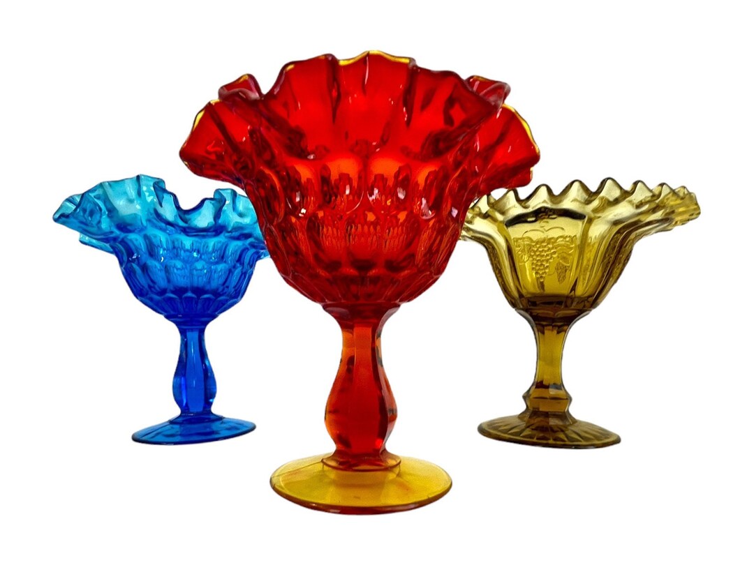 Vintage Ruffled Glass Compote Set: Amberina, Blue, Grape Thumbprint MCM ...
