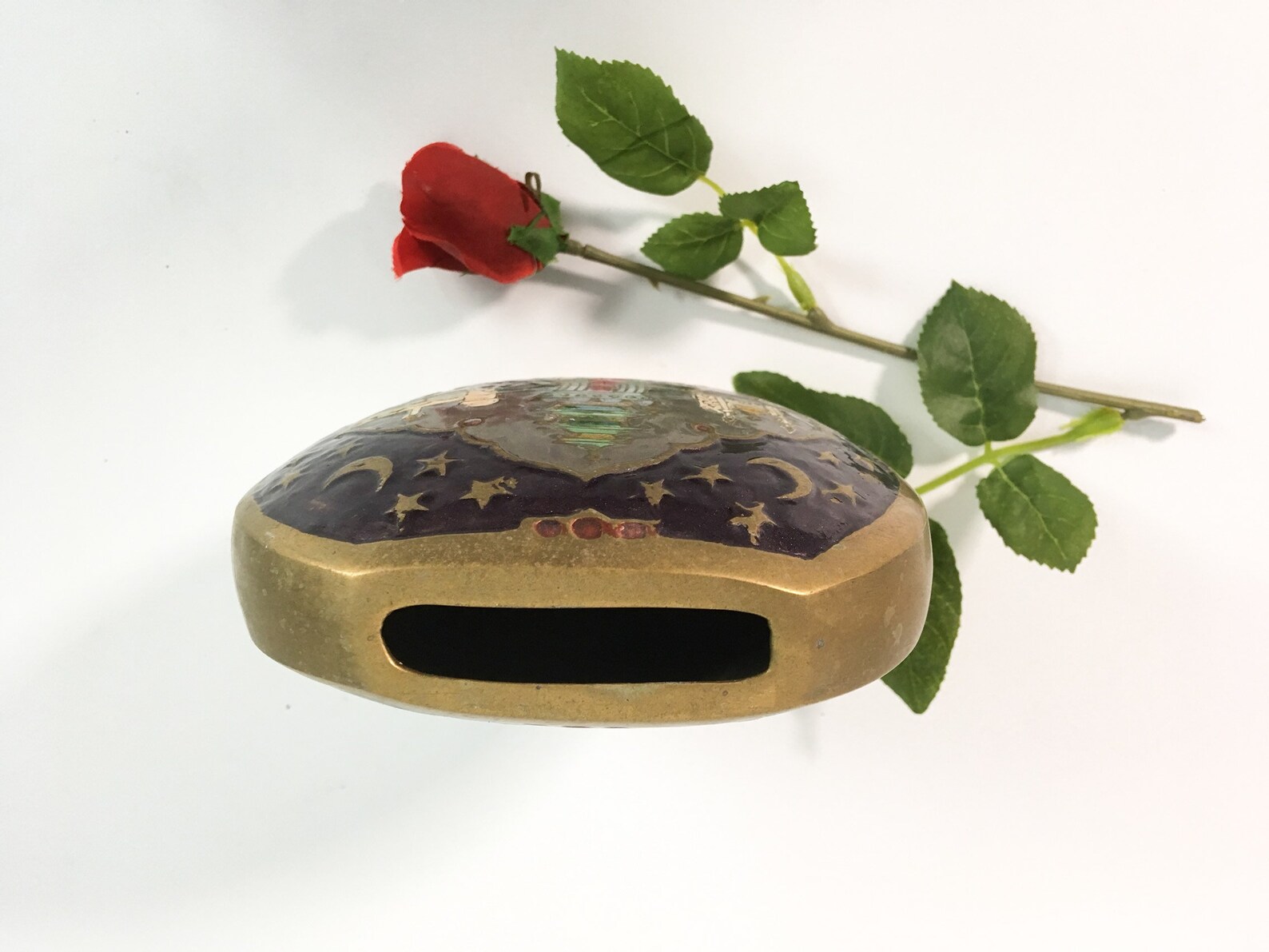 Mod Boho Vintage Brass Vase Oblong Tall Solid Brass W/ Black | Etsy